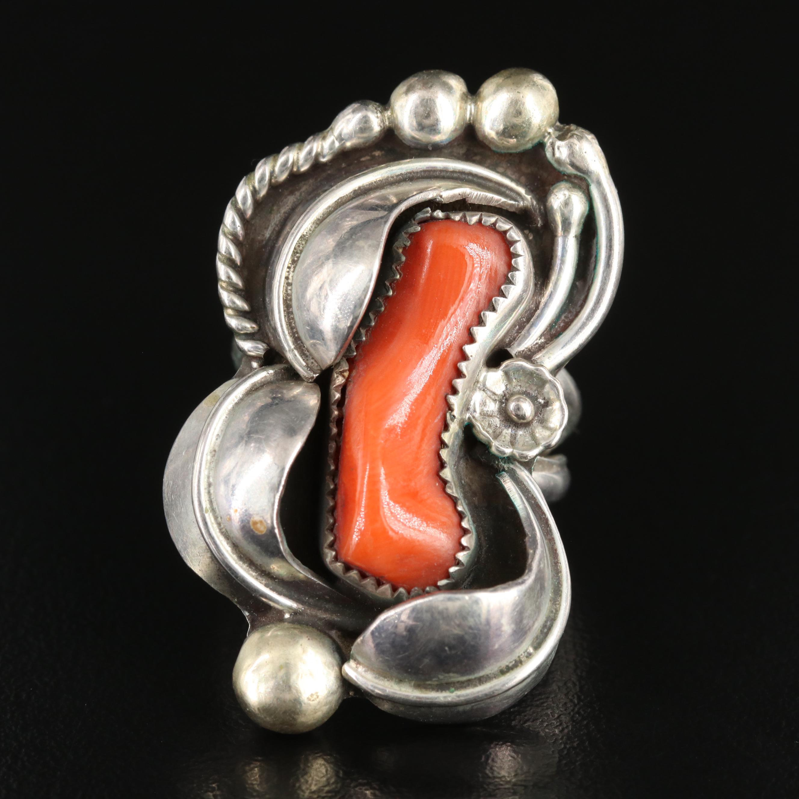 Southwestern Sterling Coral Appliqué Ring | Everything But The House