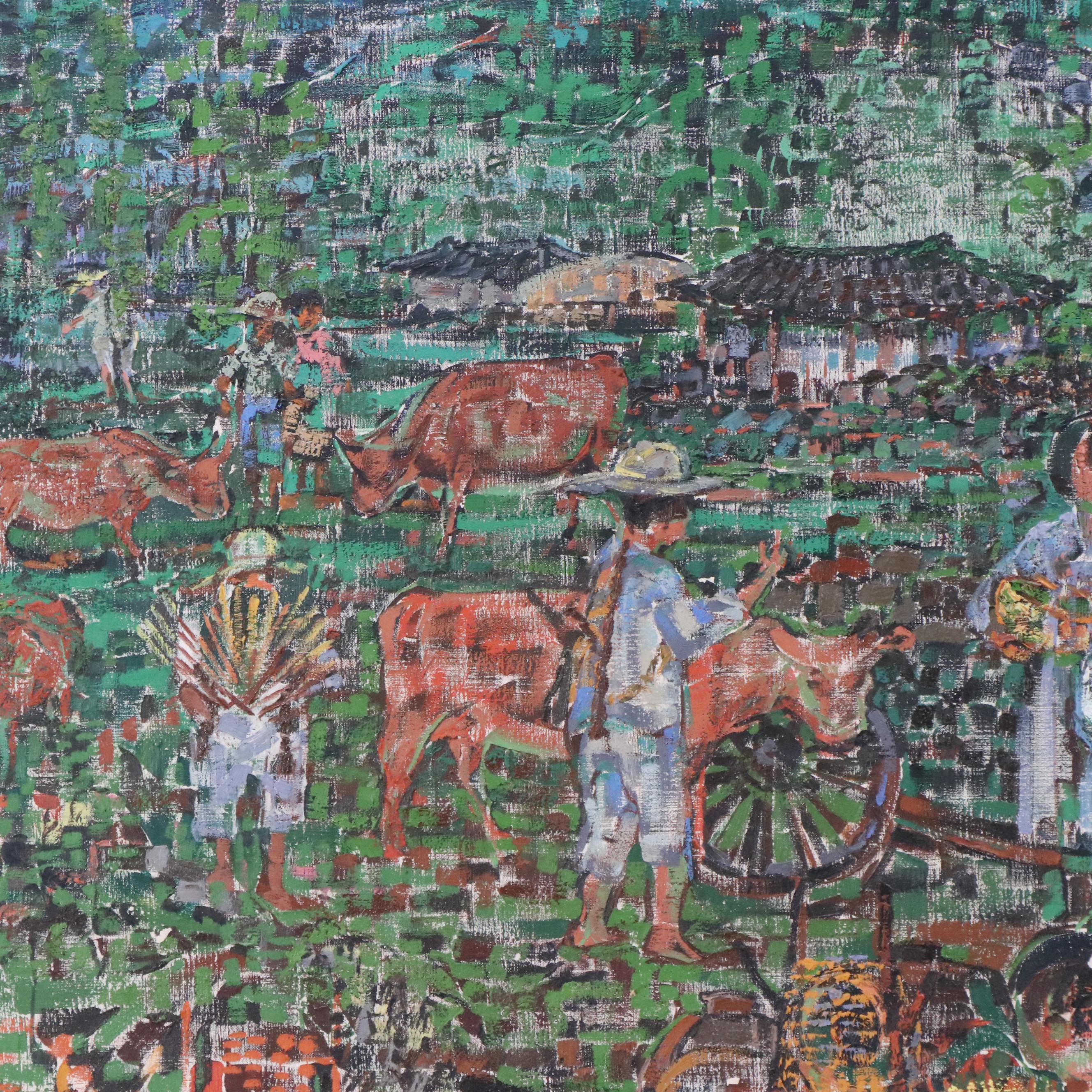 W. H. Pak Folk Village Scene Oil Painting, Late 20th Century ...