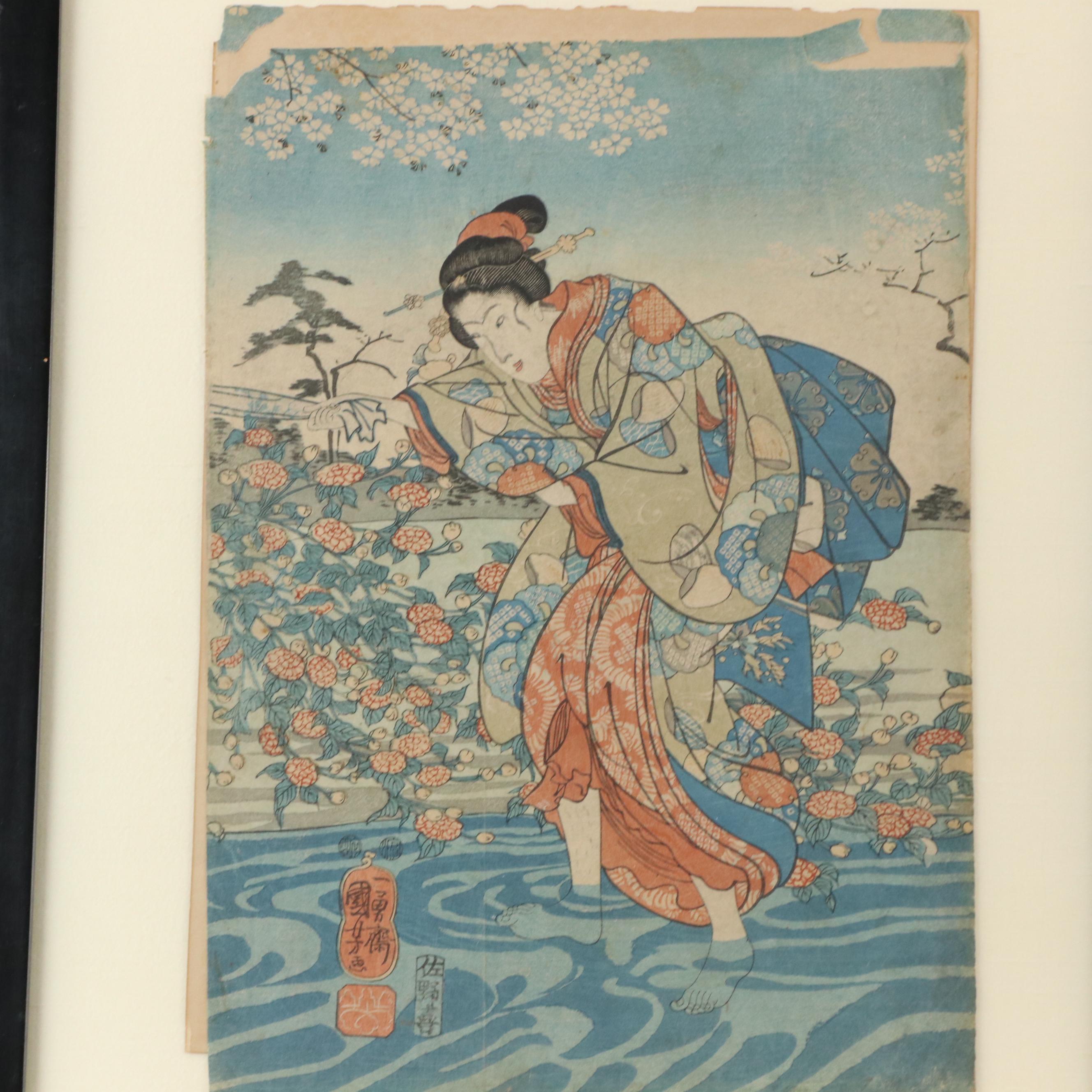 Utagawa Kuniyoshi Ukiyo-e Woodblock Triptych of Figures at Edge of ...