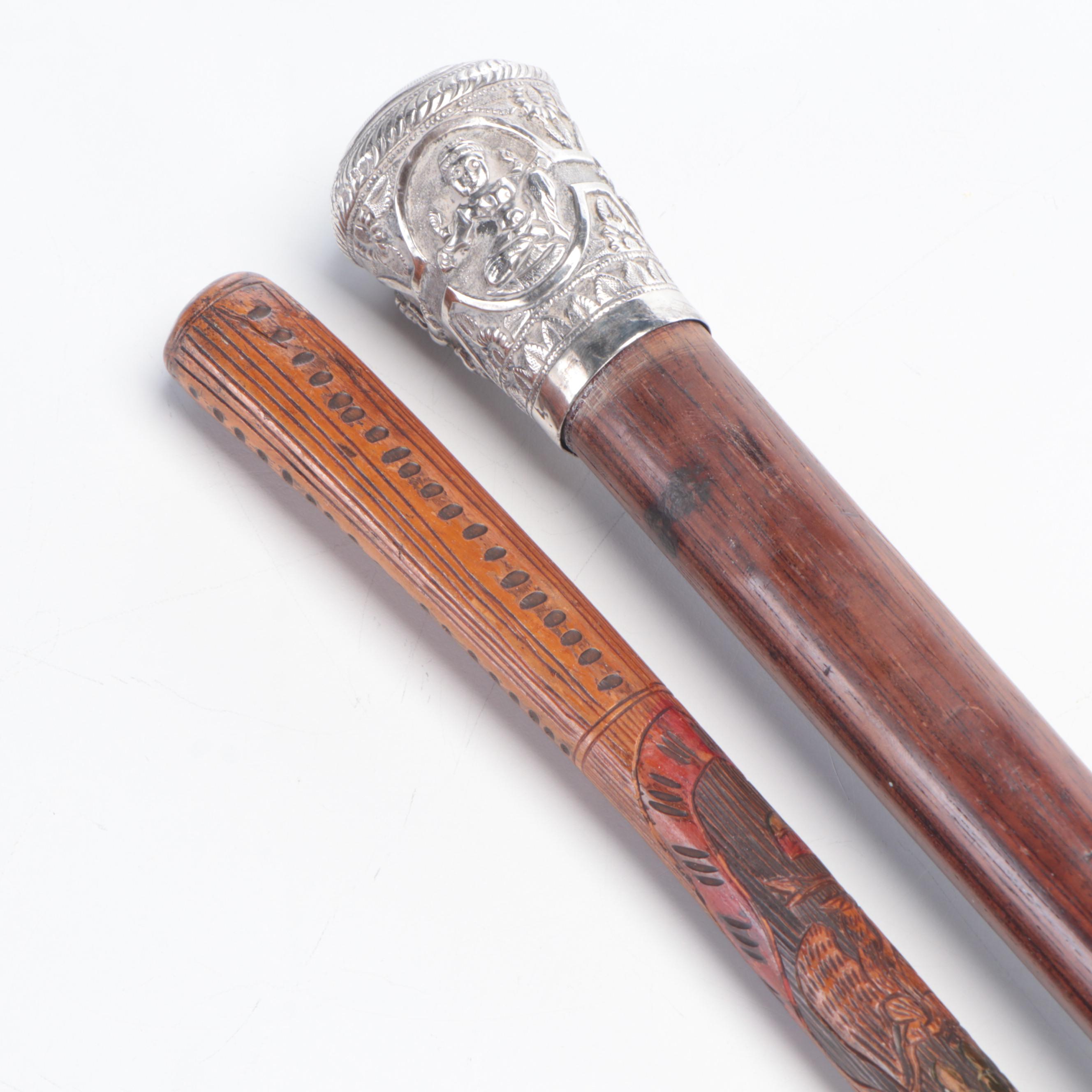 Thai 800 Silver Knob Handled Walking Cane with Folk Art Carved ...