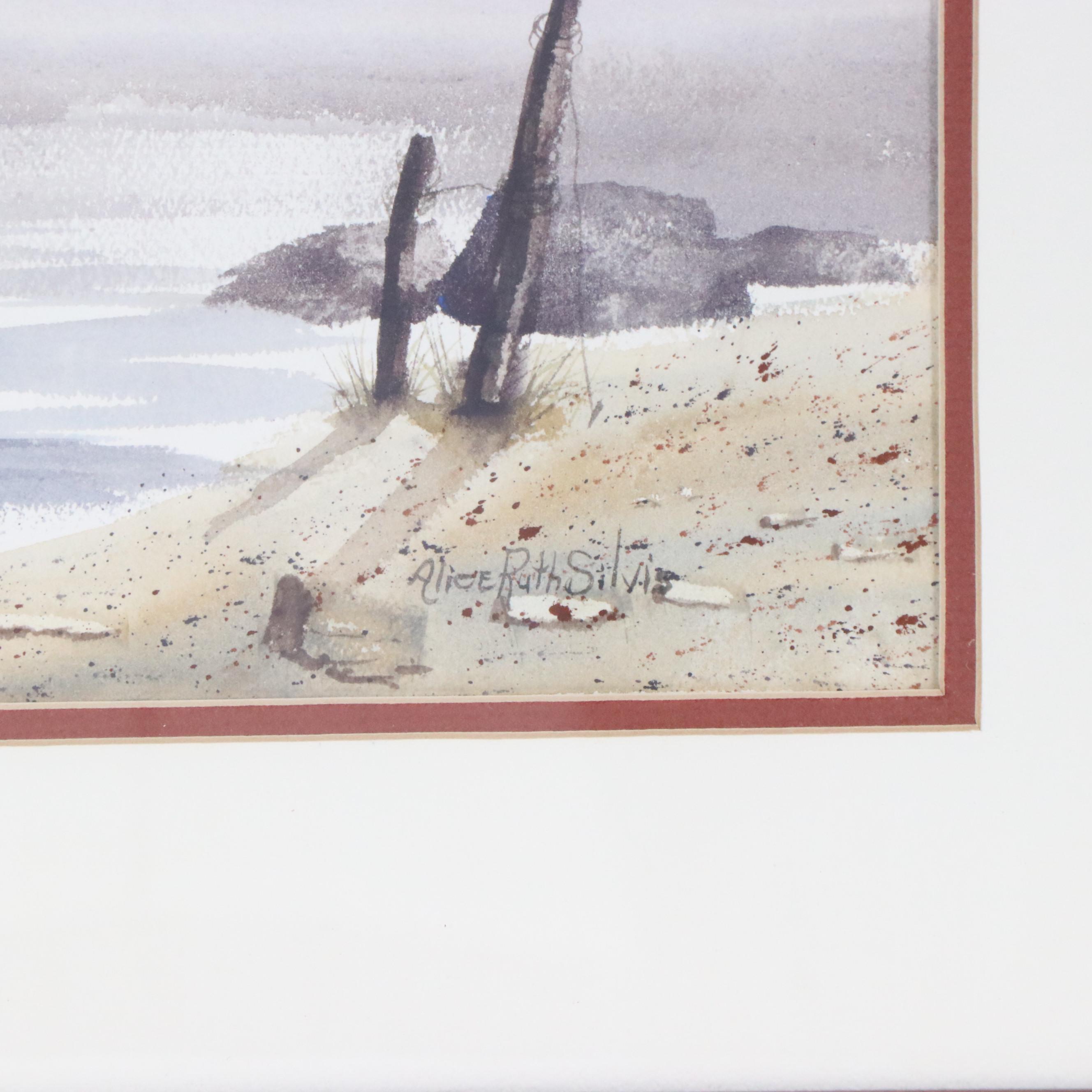 Alice Ruth Silvis Coastal Landscape Watercolor Painting of Fisherman ...