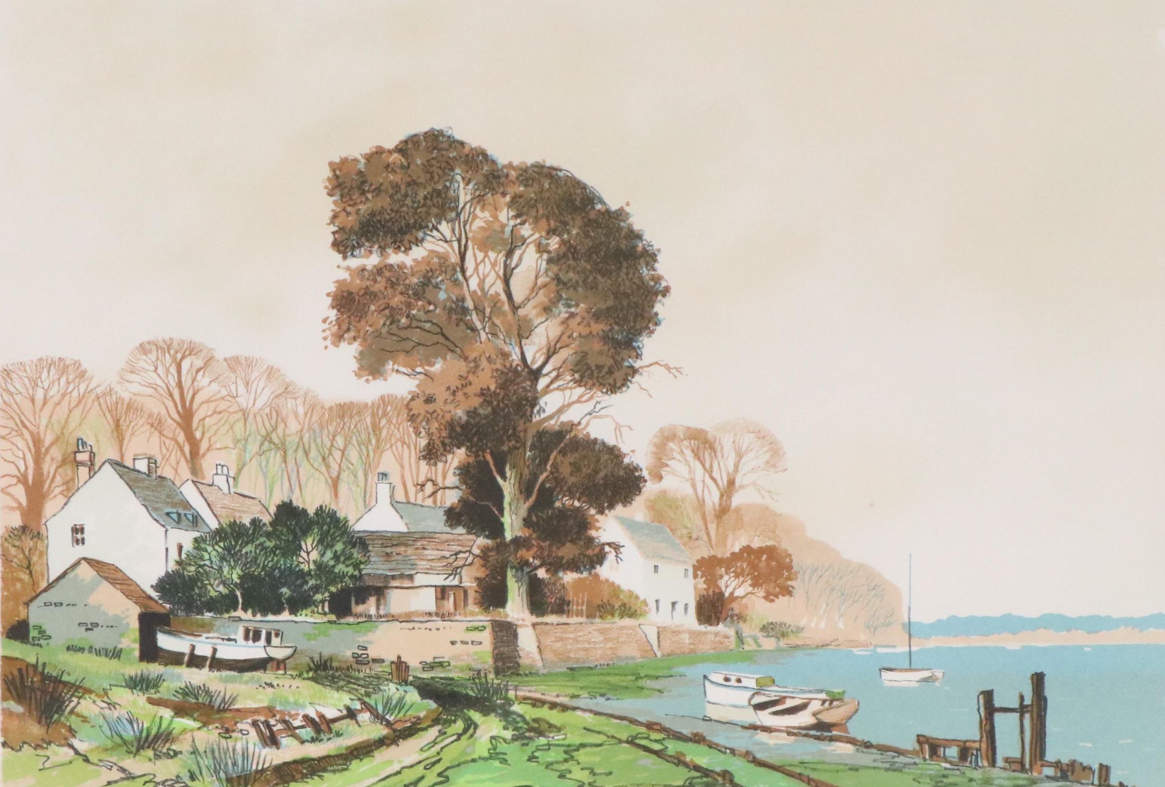 Roy Perry Color Lithograph of Waterfront Scene | Everything But The House