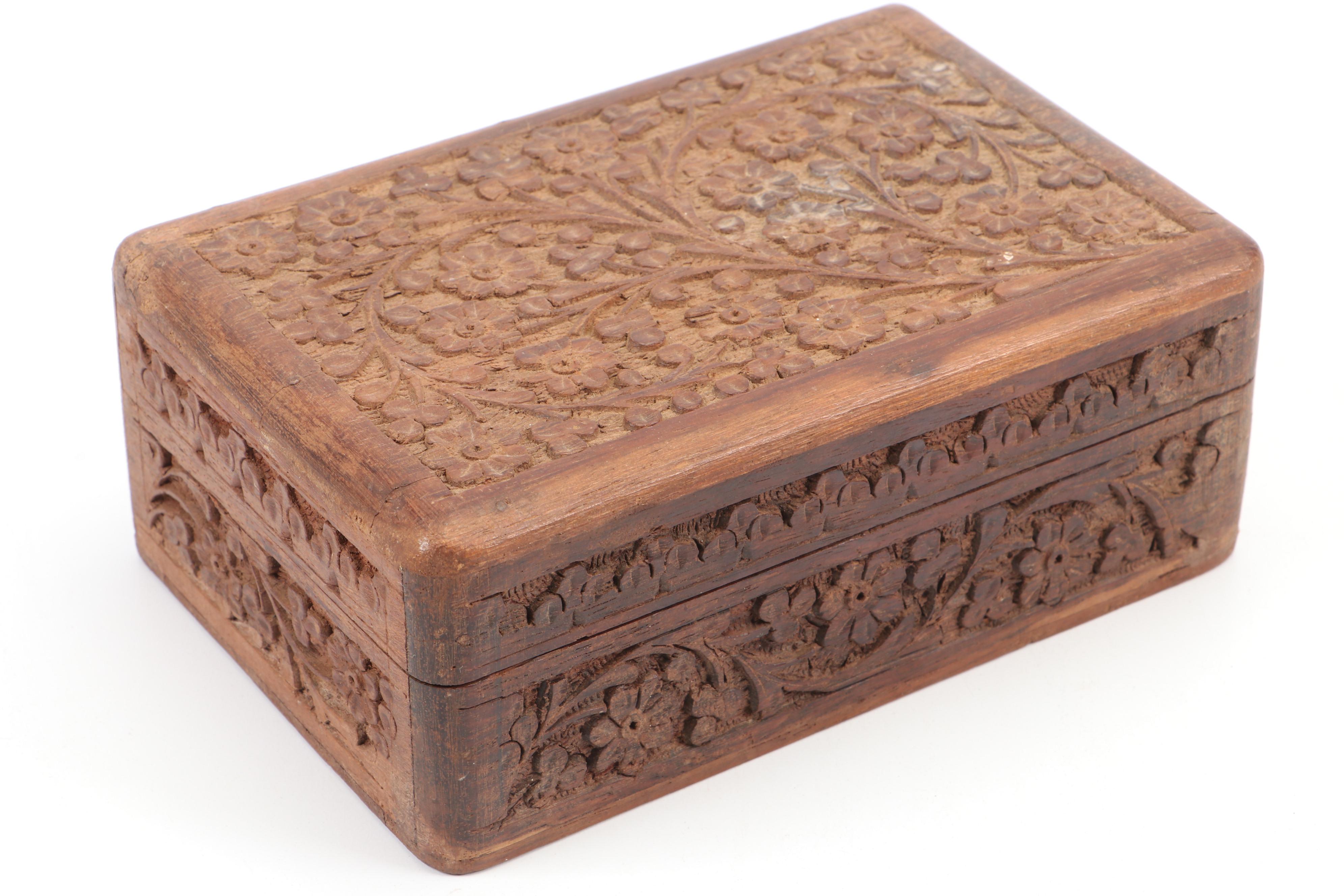 Indian Hand-Carved Sheesham Box with Floral Motif Lacquered Wood Box ...