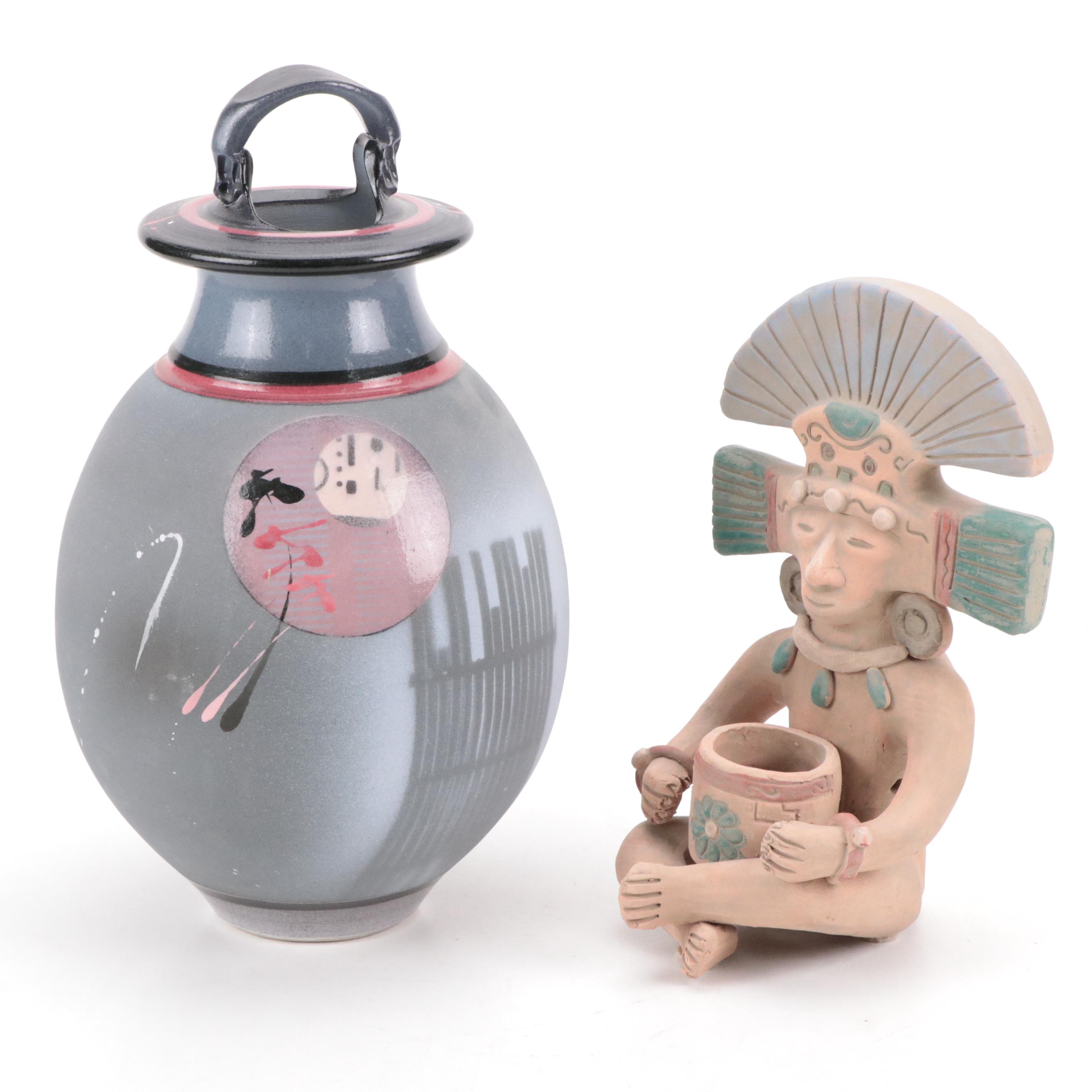 Aztec Style Seated Warrior Figurine & Japanese Postmodern Pottery ...