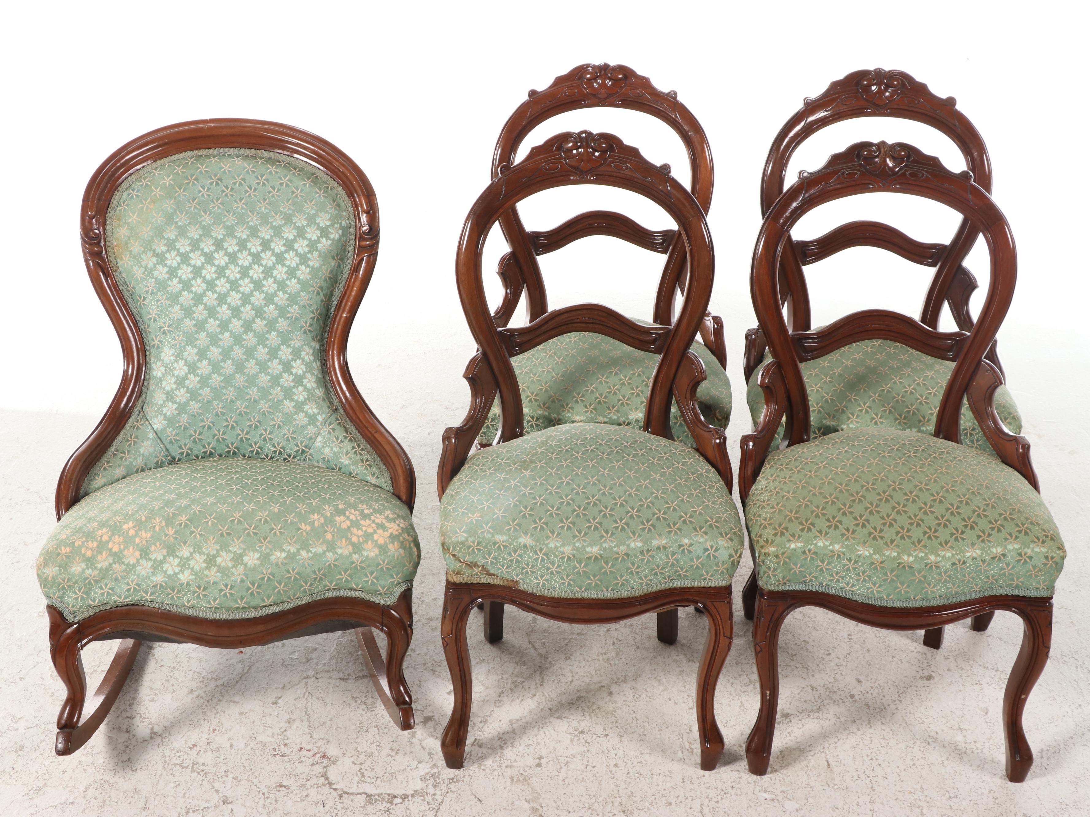 Four Victorian Walnut Bustle-Back Chairs with Settee and Rocking Chair ...