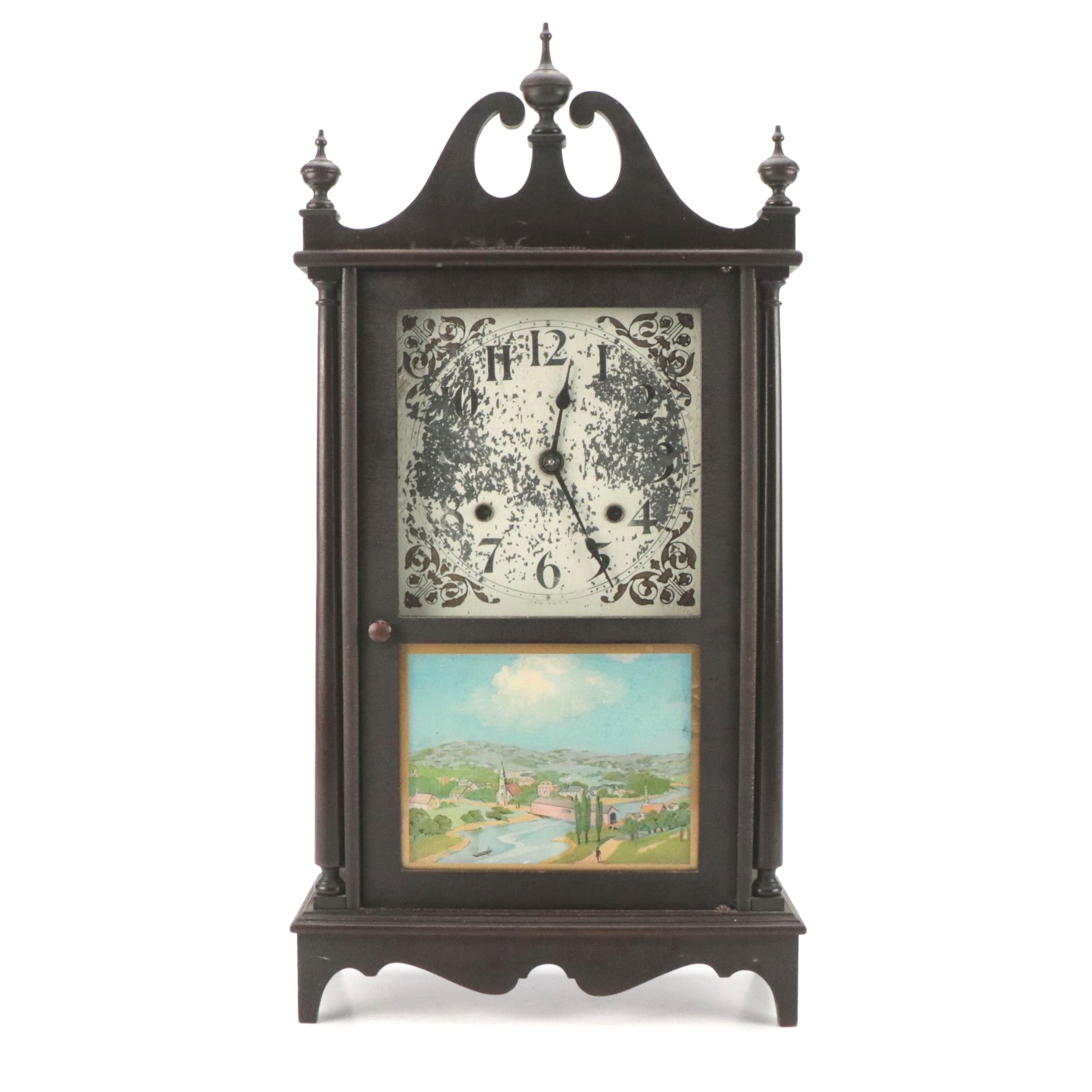 Wooden Pillar and Scroll Reverse Painted Mantel Clock, Early 20th ...