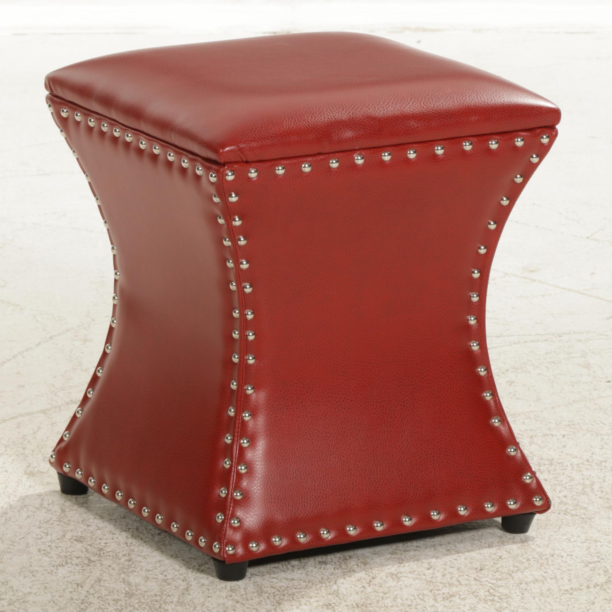 Red Faux Leather Floor Stool with Nailhead Trim | Everything But The House