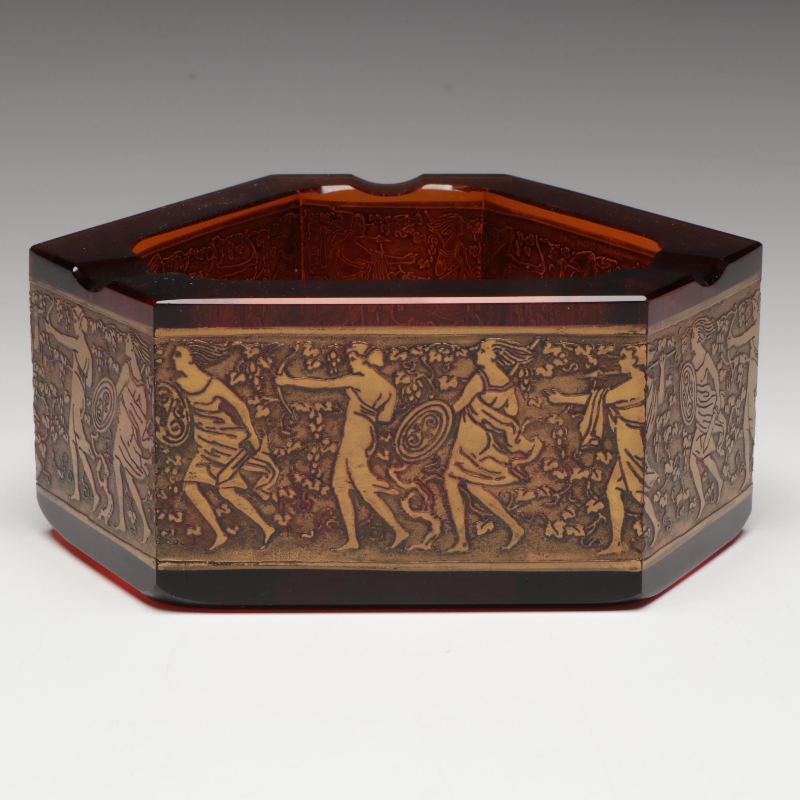 Moser Art Deco Style Gilded Warrior Frieze Ashtray and Topaz Glass Vase ...