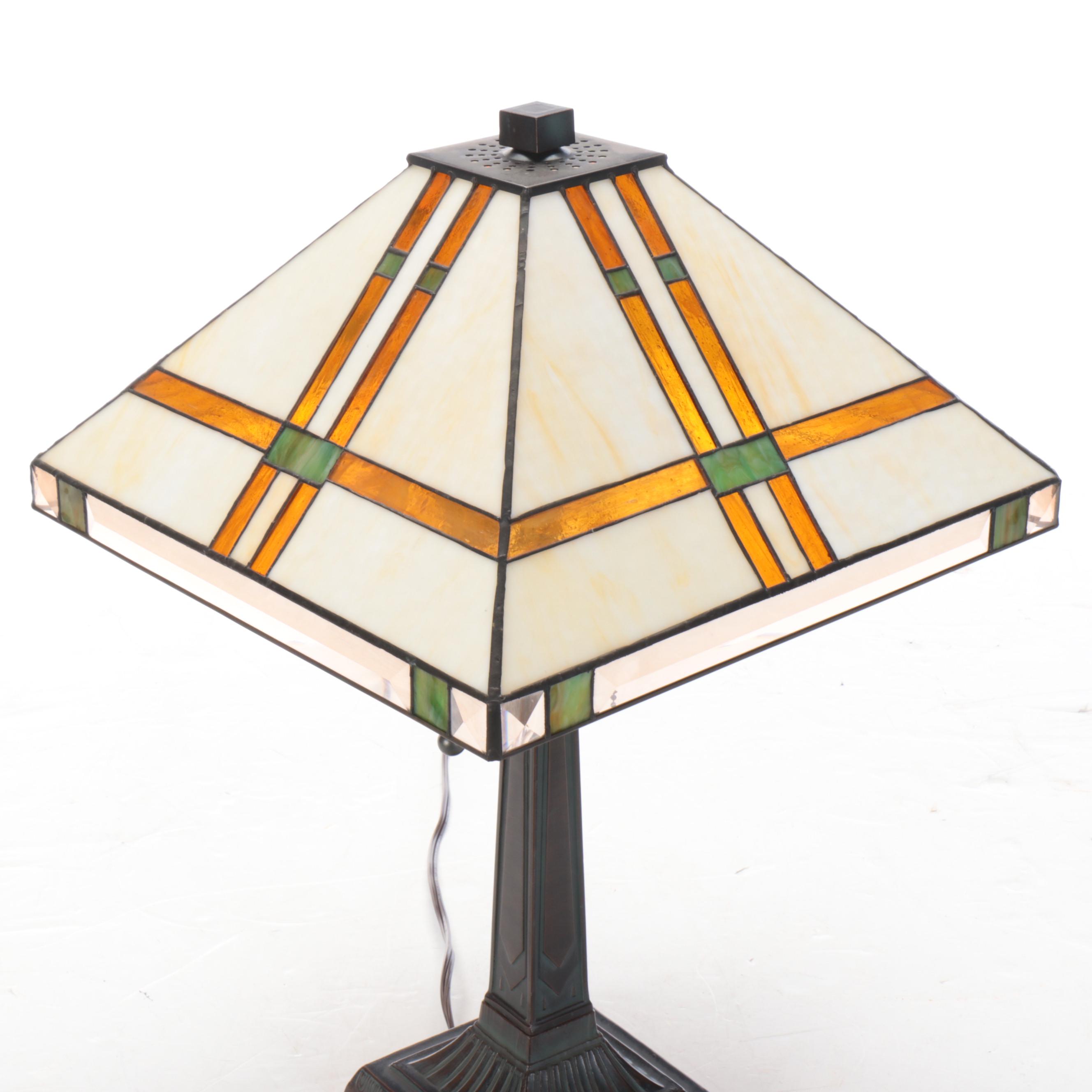Bronzed Metal Lamp with Prairie Style Slag & Stained Glass Square Shade ...