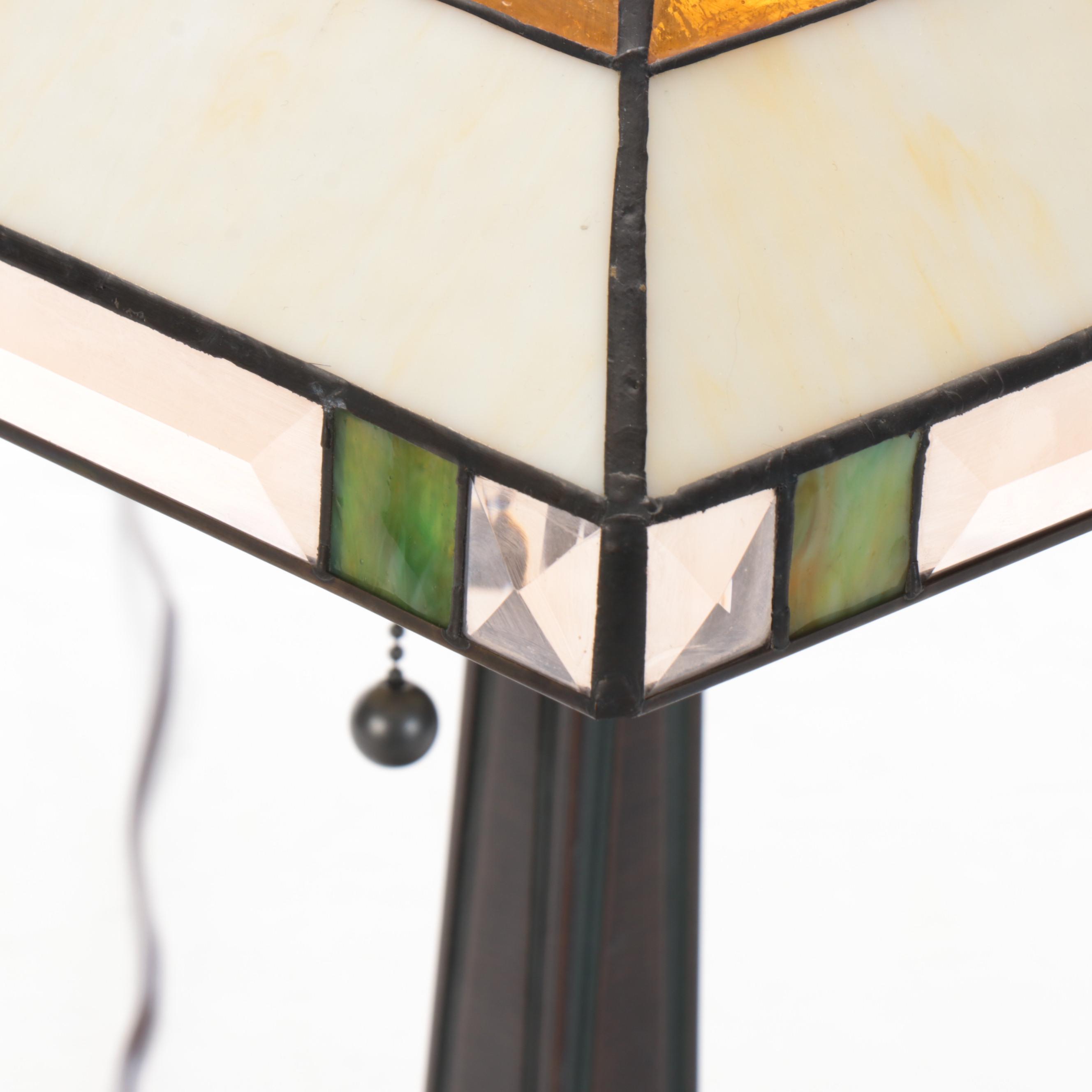 Bronzed Metal Lamp with Prairie Style Slag & Stained Glass Square Shade ...