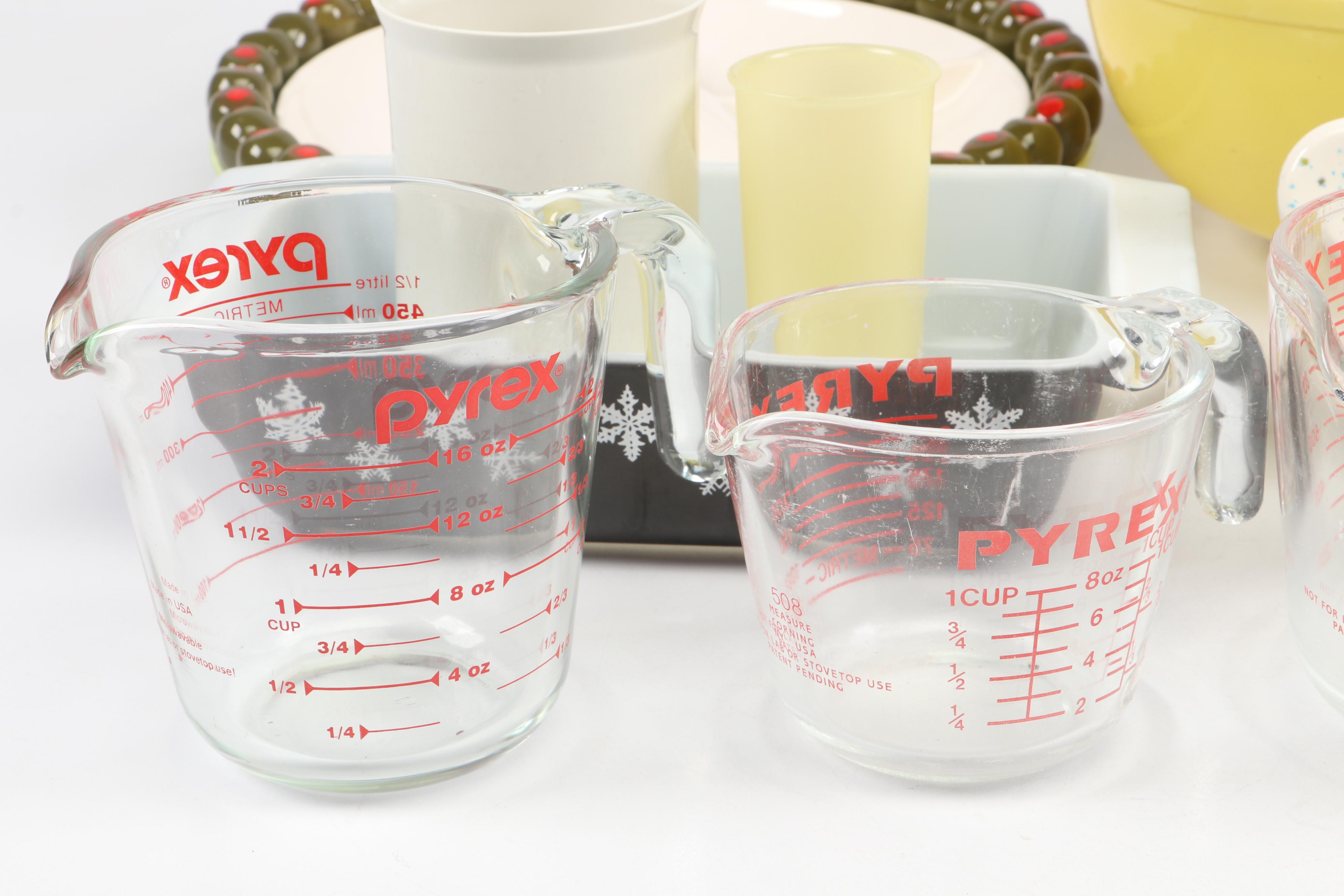 Pyrex Measuring Cups and Yellow Mixing Bowl with Shafford Olive Dish ...