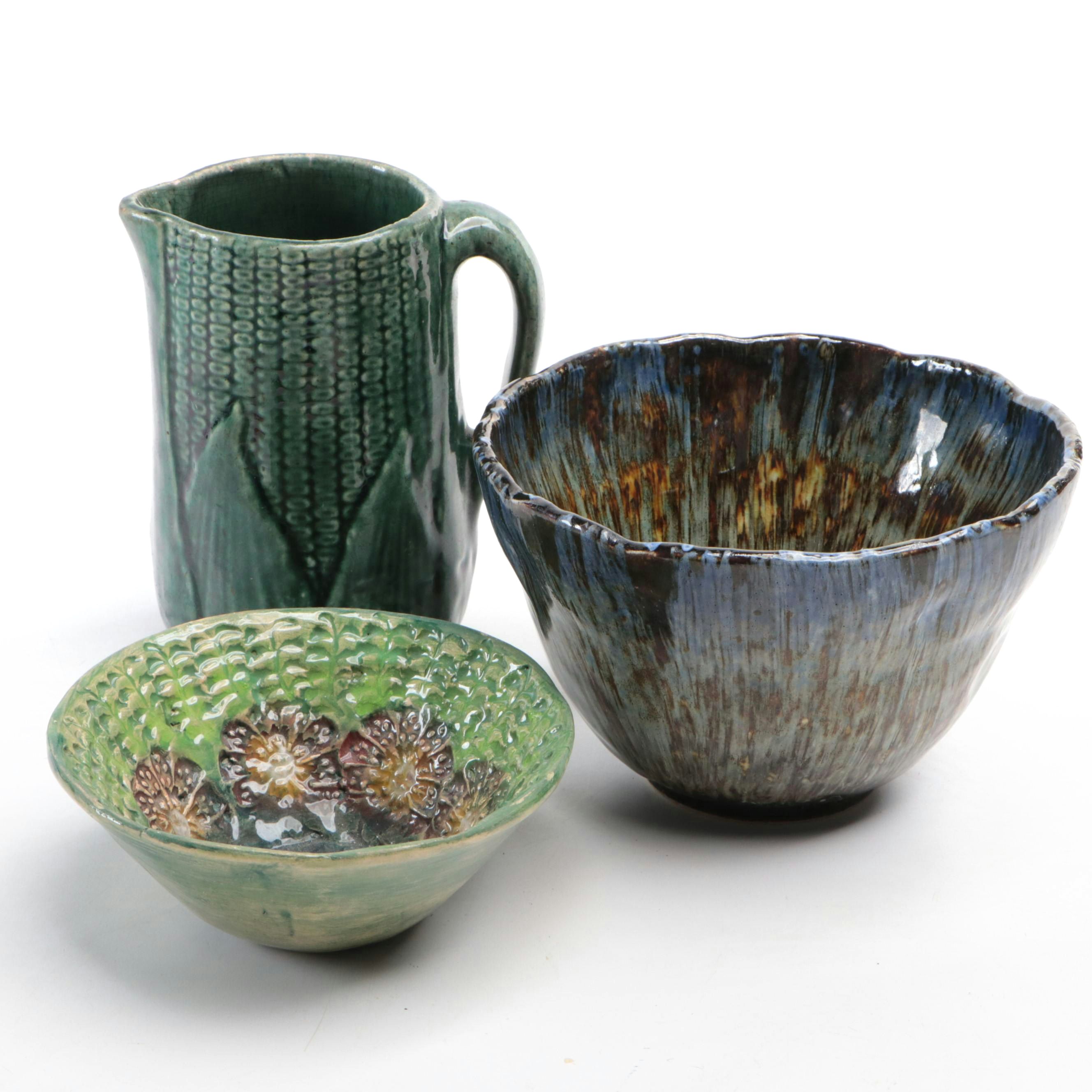 Early McCoy Majolica Corn Pitcher with Studio Art Pottery and Drop ...