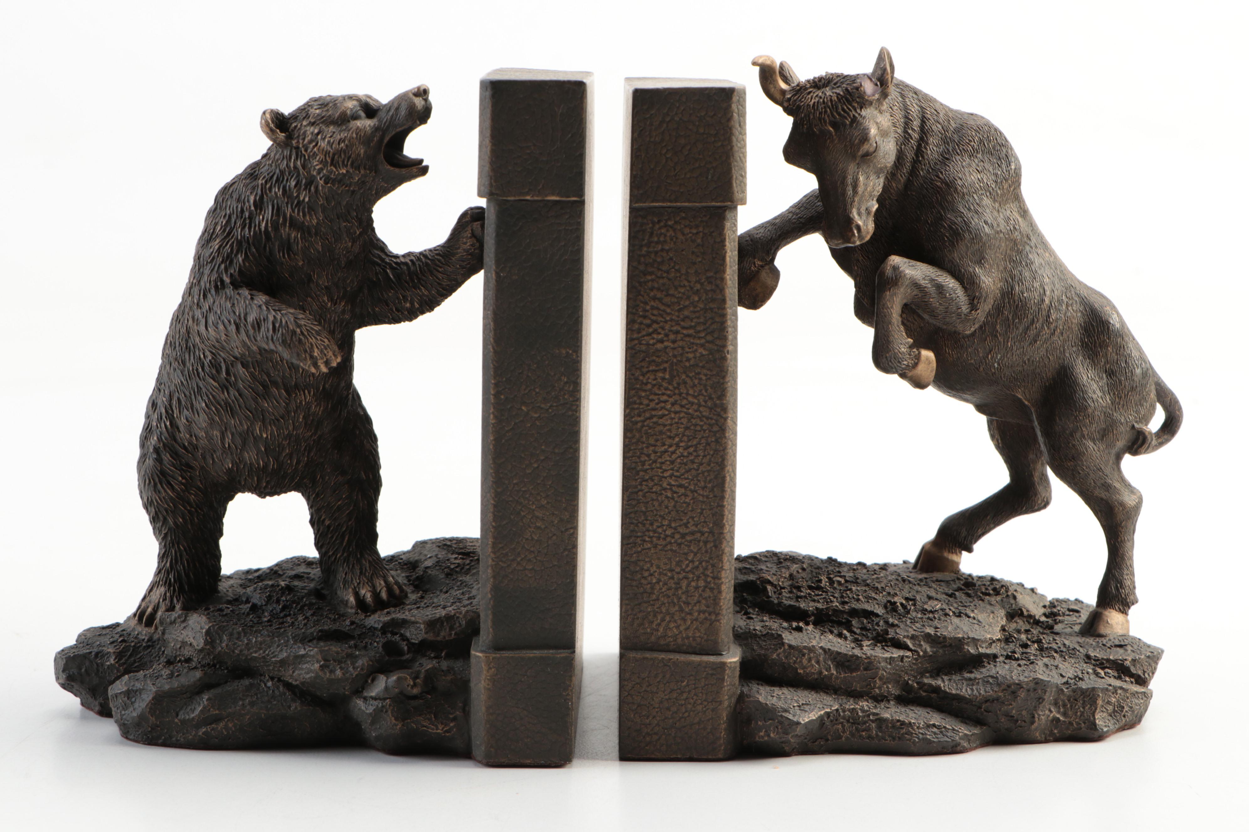 Patinated Metal Bear and Bull Bookends with Resin Bull Figurine | EBTH