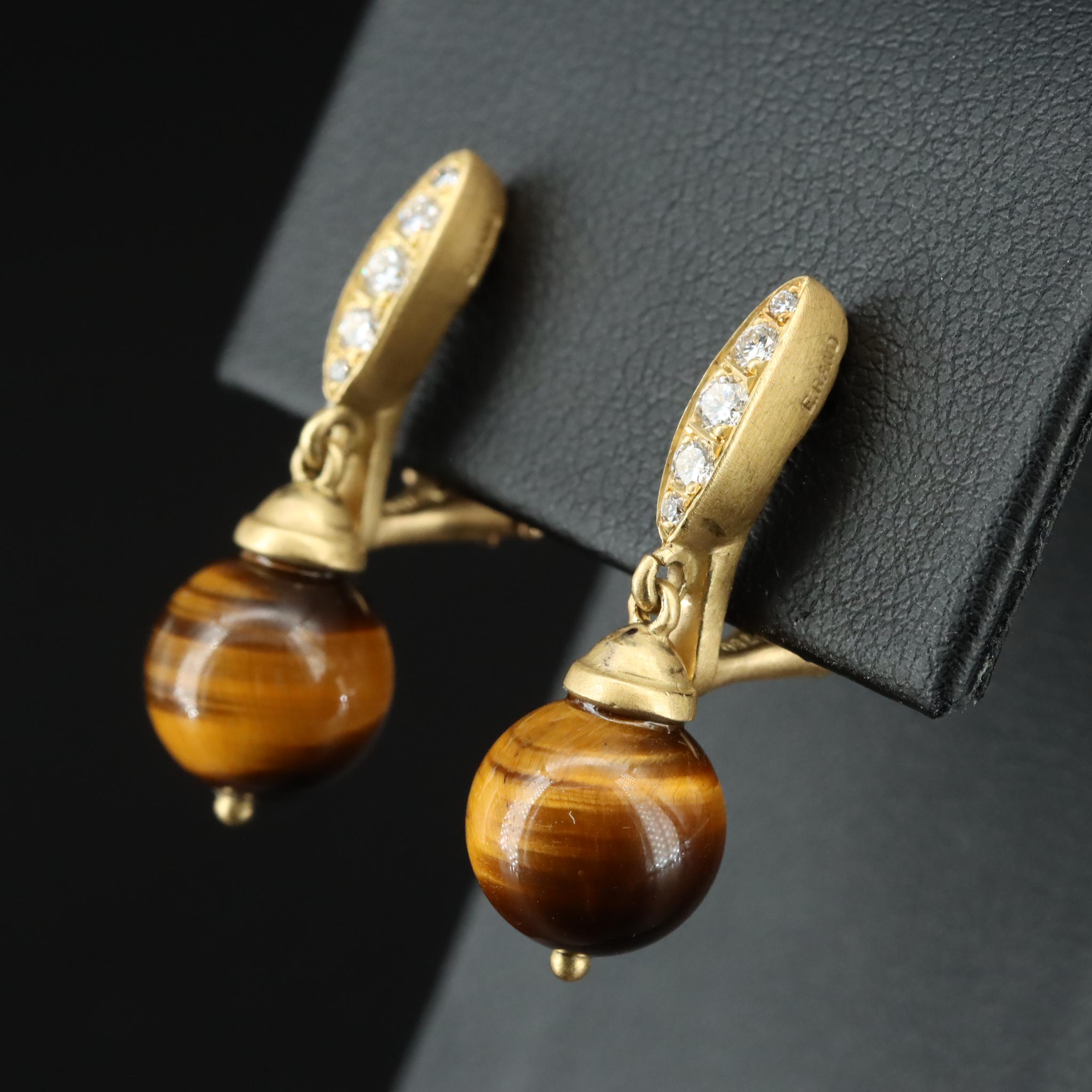Elizabeth Rand 18K Tiger's Eye and Diamond Earrings | EBTH