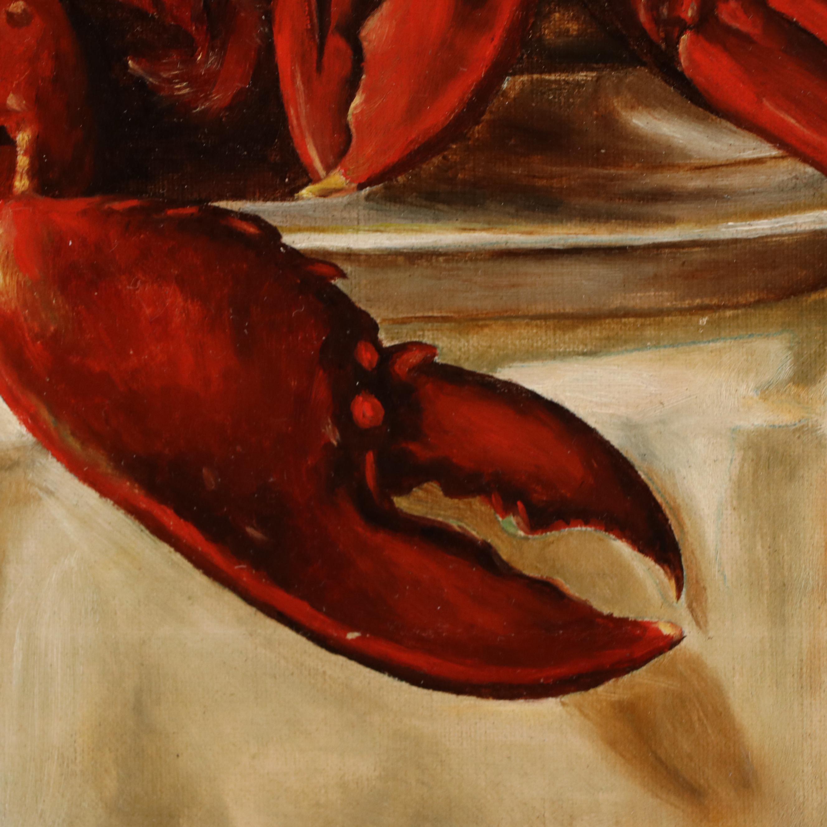 Still Life Oil Painting of Lobster and Dining Table, Early to Mid-20th ...