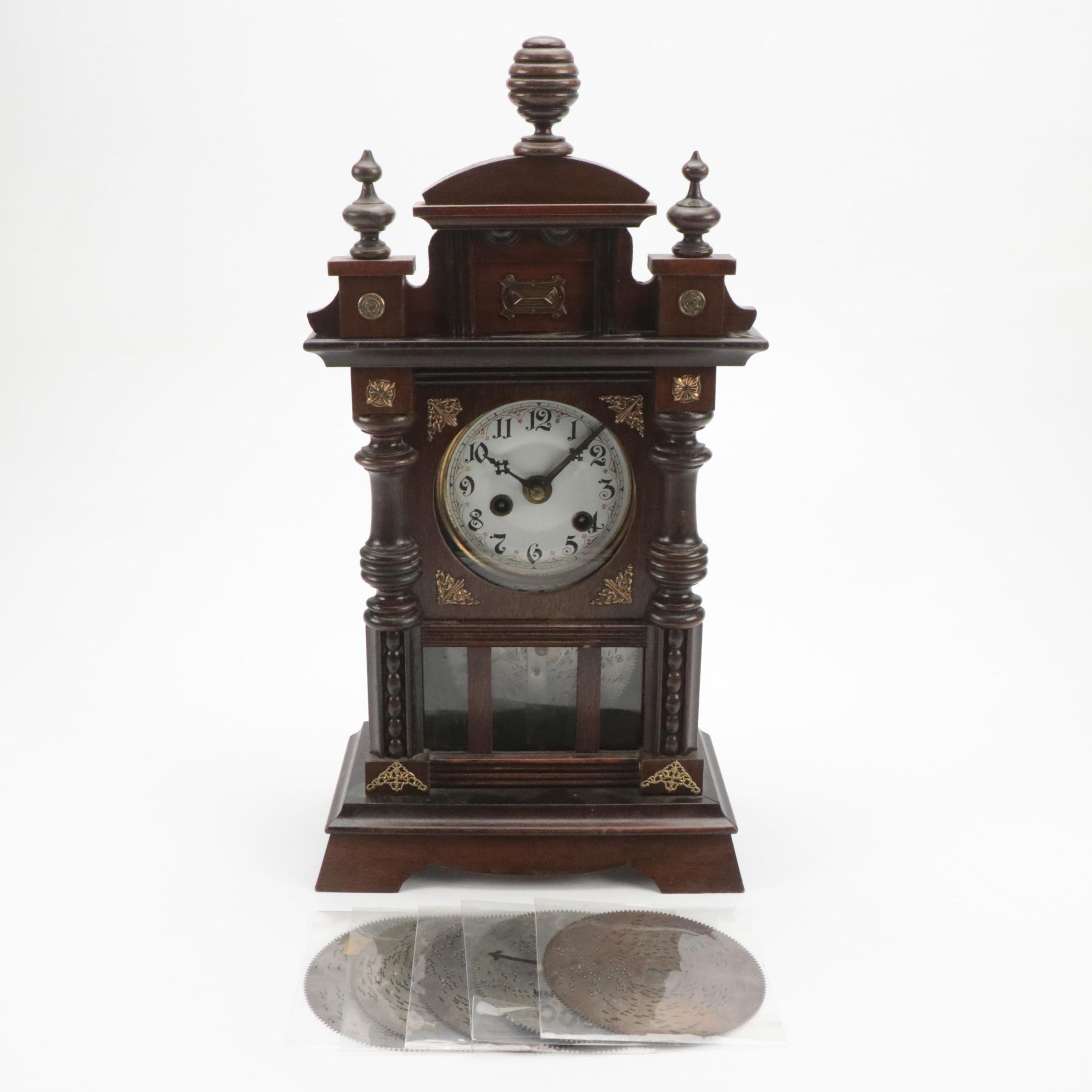 Junghans German Carved Wooden Mantel Clock with Arion Disc Music Box | EBTH