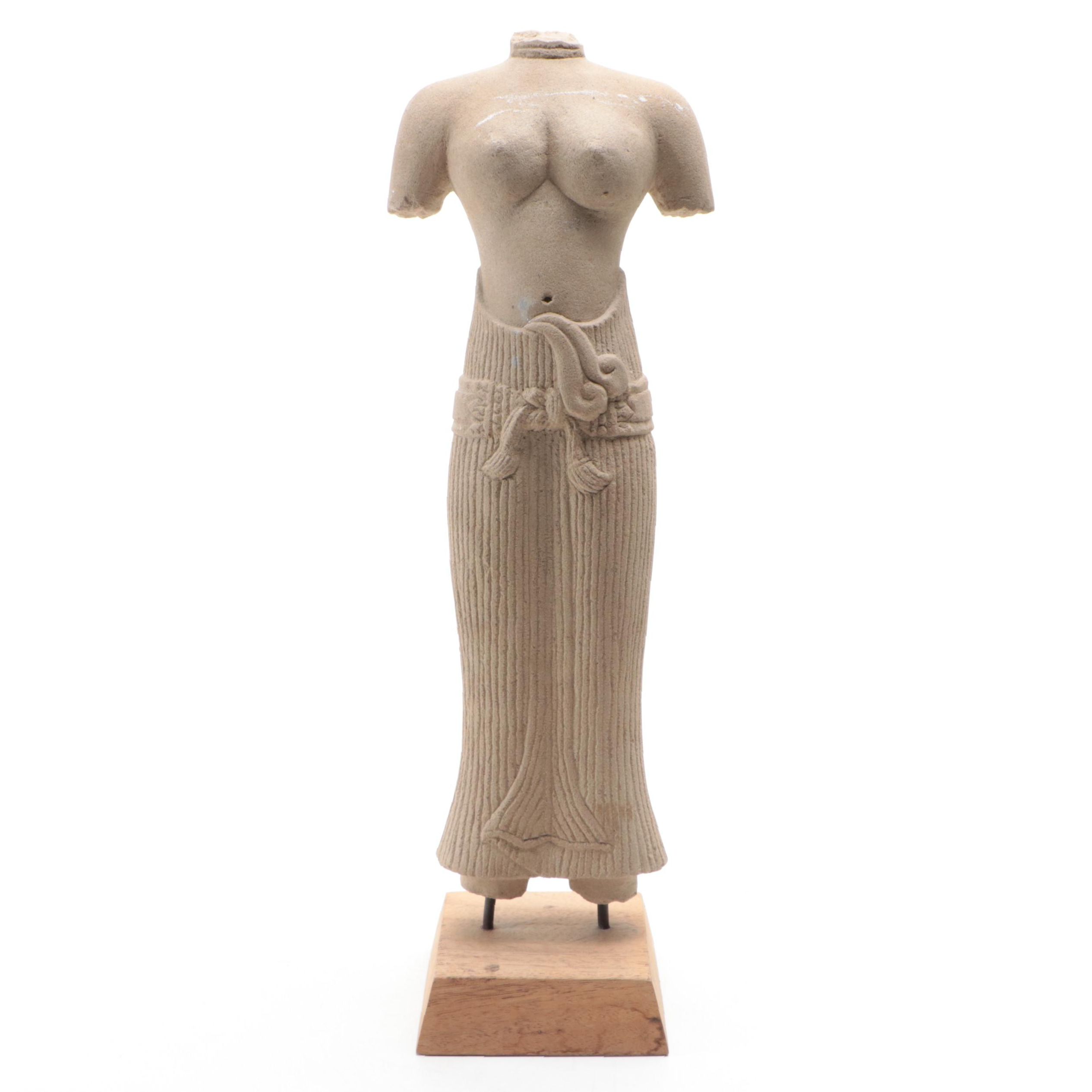 Sandstone Torso Statuette on Wooden Base | Everything But The House