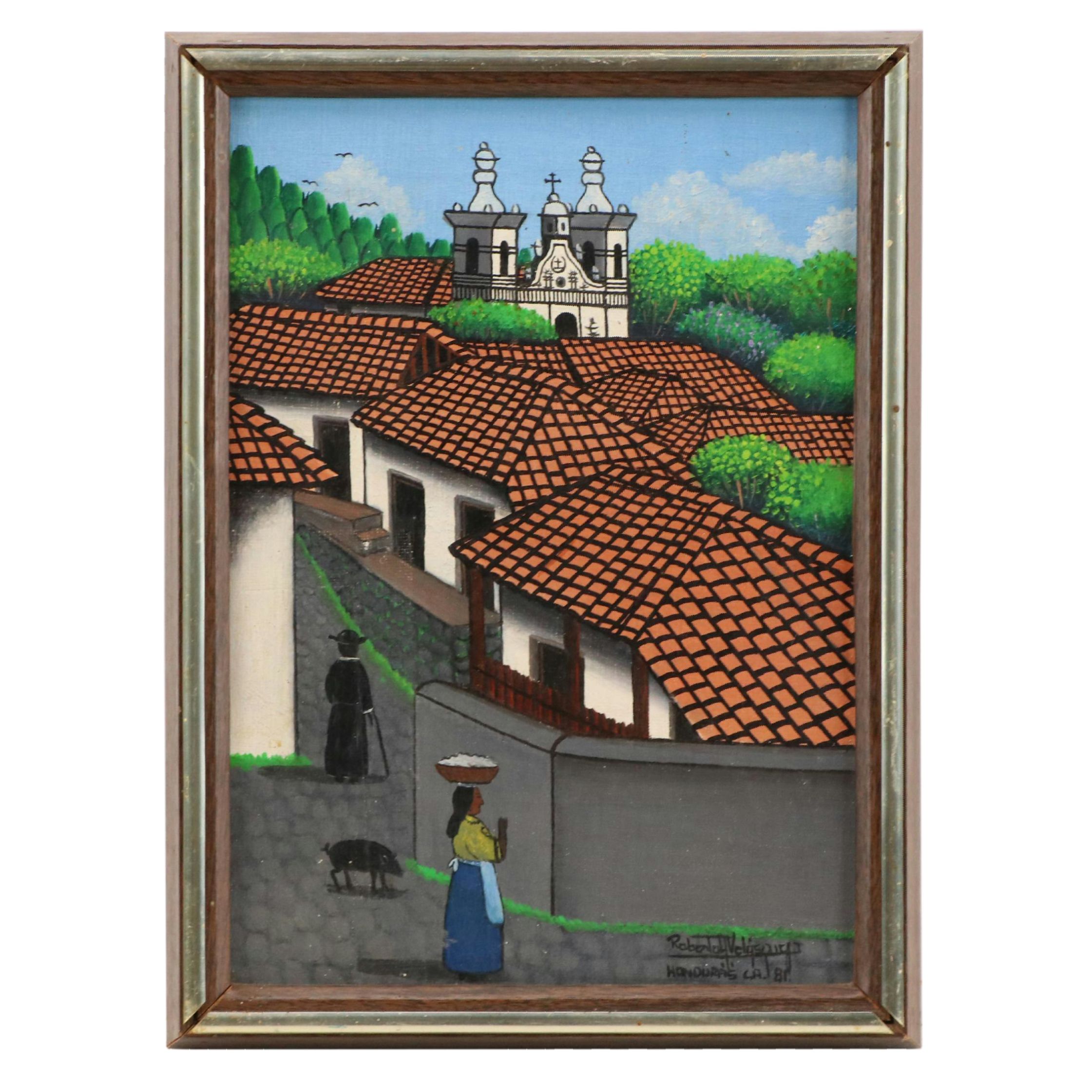 Roberto Velásquez Primitivist Acrylic Painting of Honduran Townscape ...