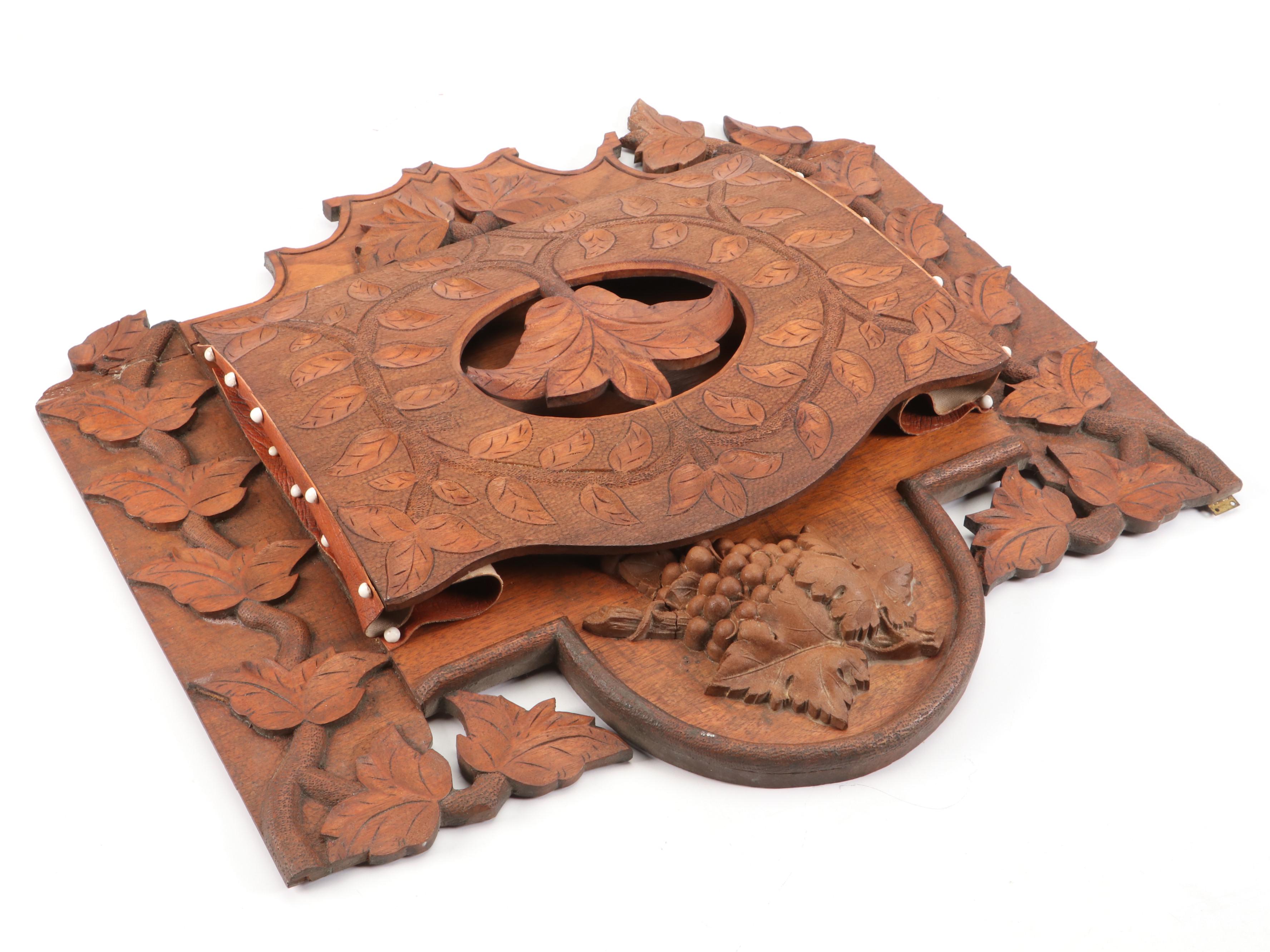 Victorian Carved Wood and Leather Wall Mounted Document Holder ...