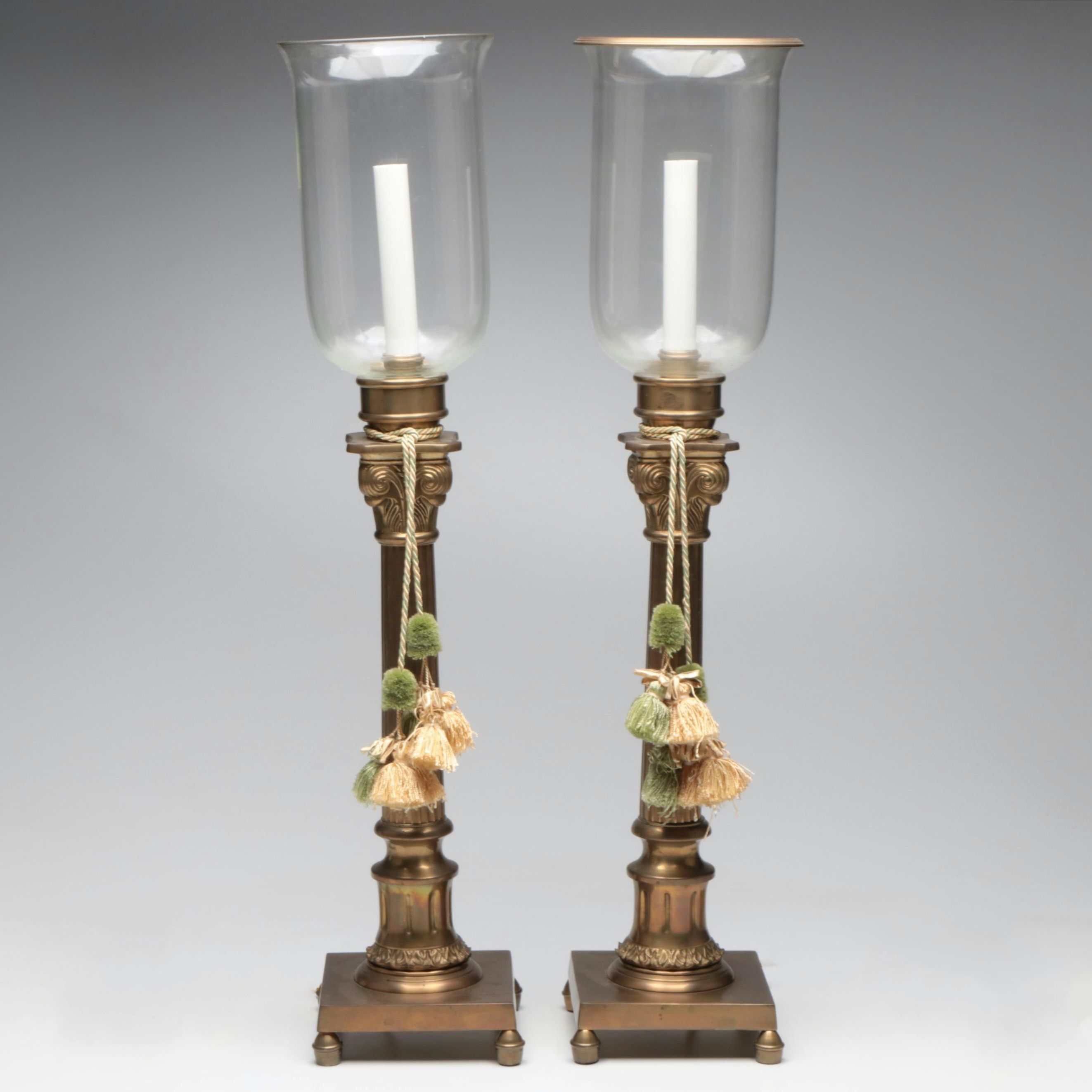 Brass Columnar Faux Candle Table Lamps with Green and Gold Tassels ...