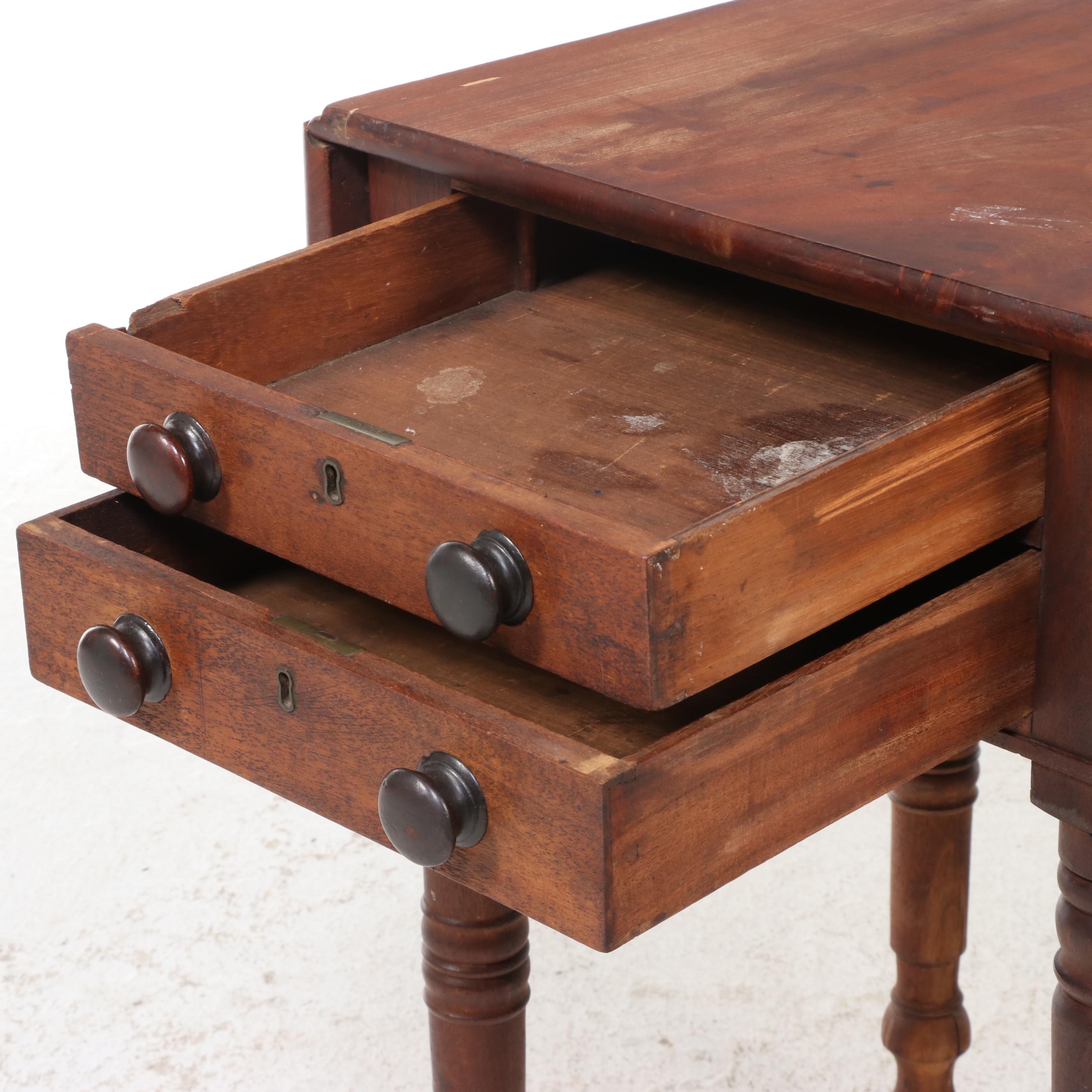 American Mahogany Two-Drawer Drop-Leaf Work Table, Early to Mid-19th ...