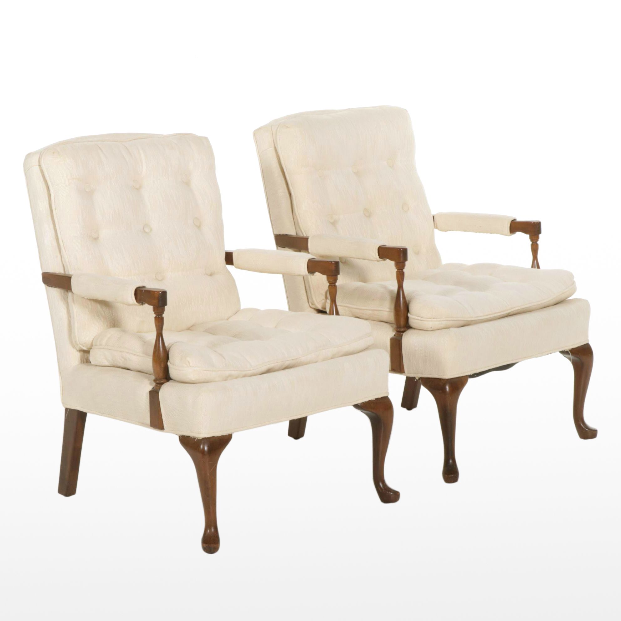 Pair of Queen Anne Style Walnut Open Arm Club Chairs, Late 20th Century ...