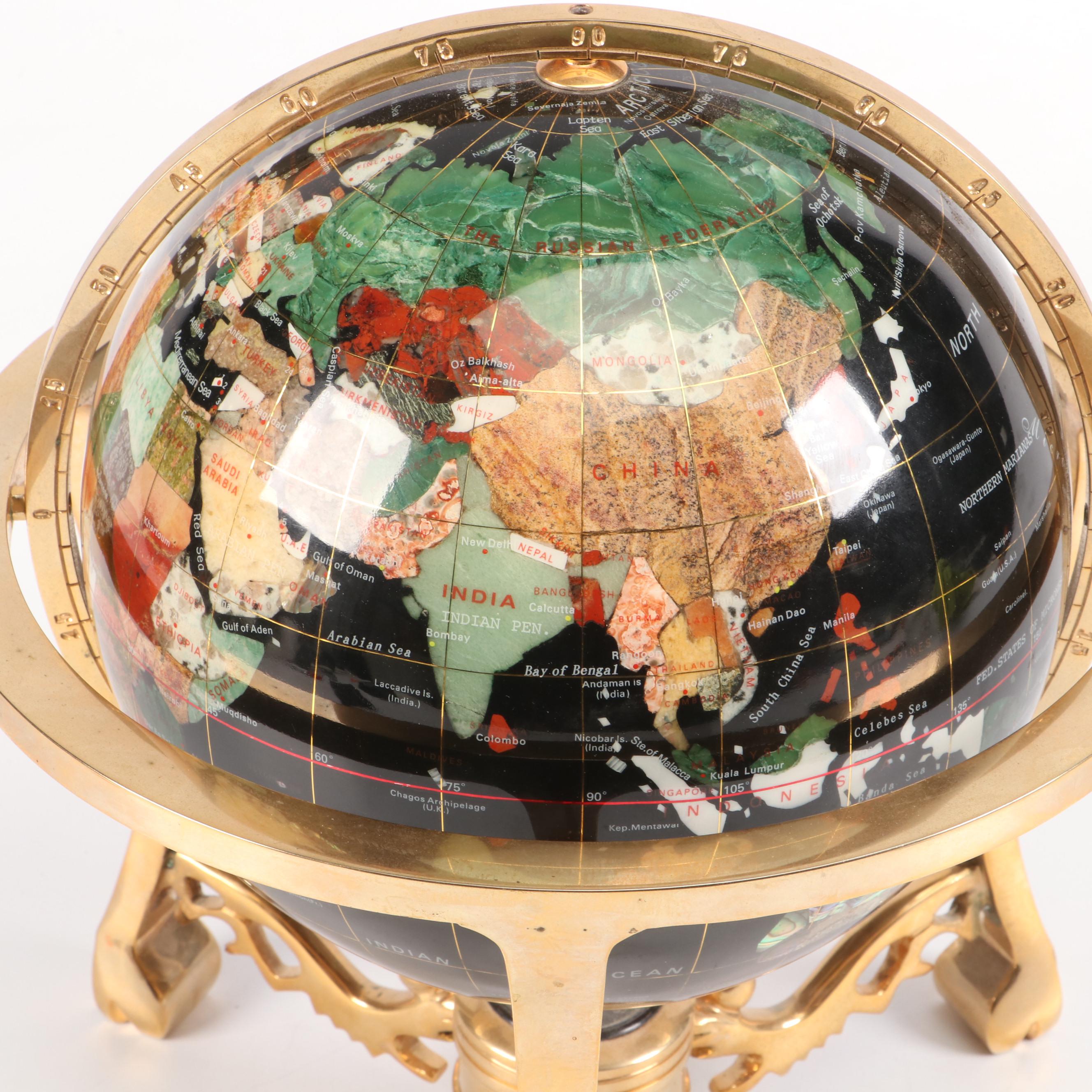 Abalone, Marble and Stone Inlay Globe on Brass Finish Metal Stand with ...