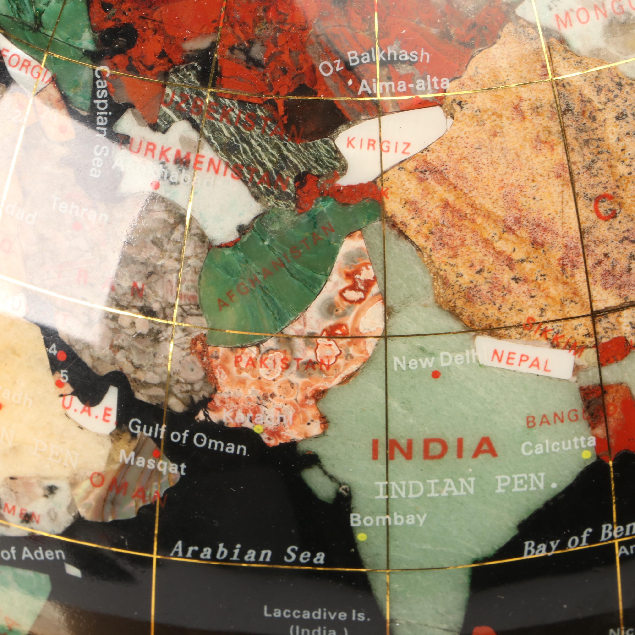 Abalone, Marble and Stone Inlay Globe on Brass Finish Metal Stand with ...