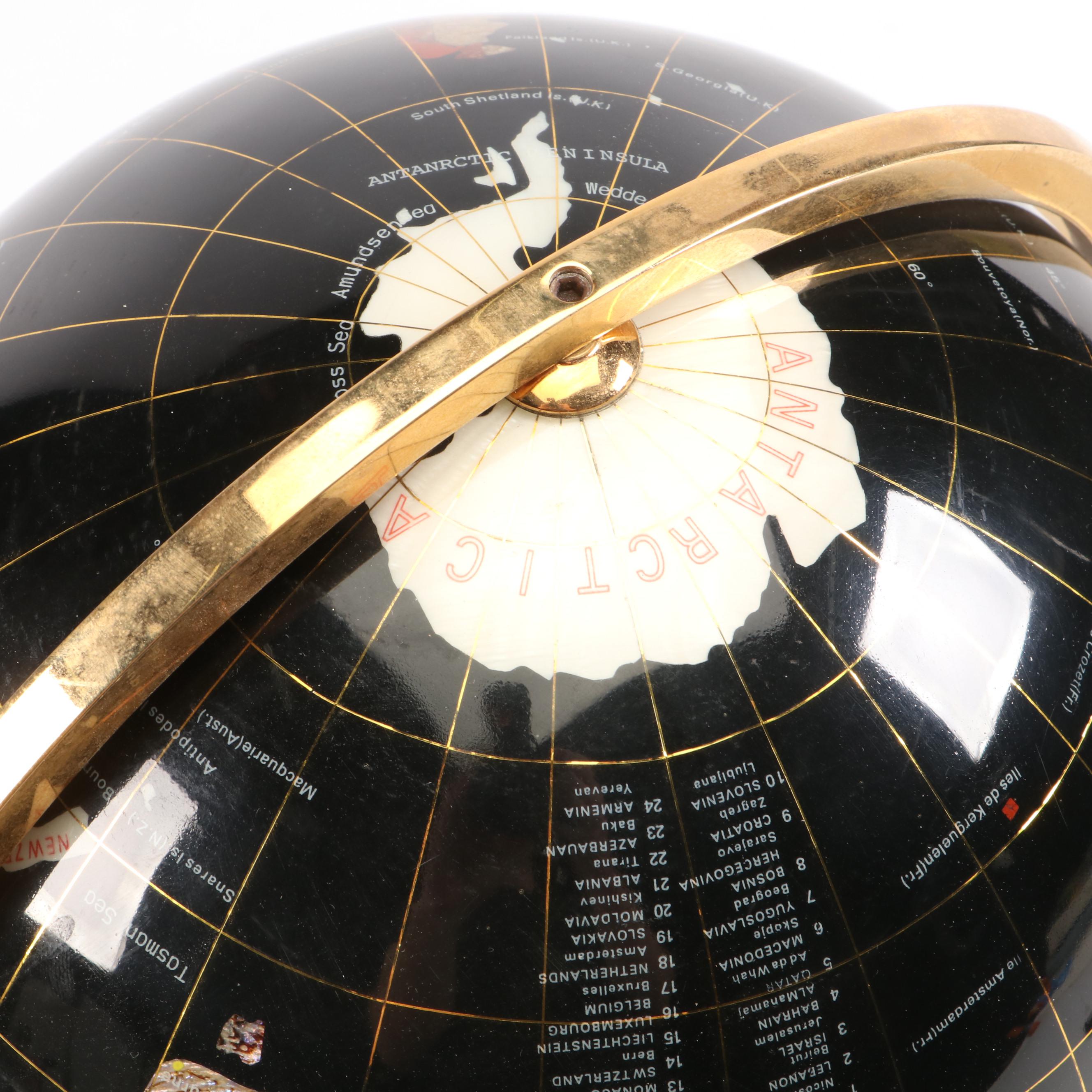 Abalone, Marble and Stone Inlay Globe on Brass Finish Metal Stand with ...