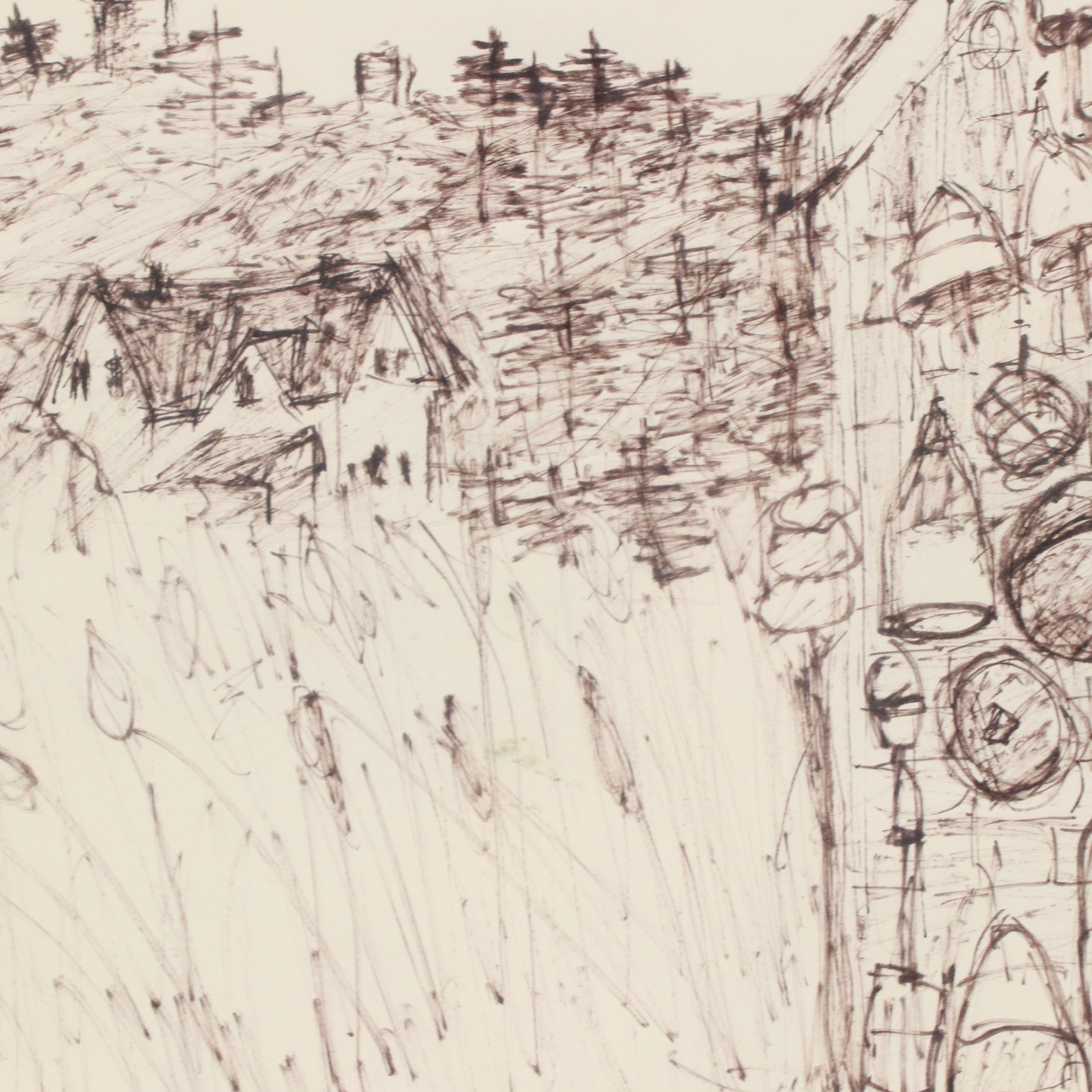 Hilly Wooded Landscape Ink Drawing | EBTH