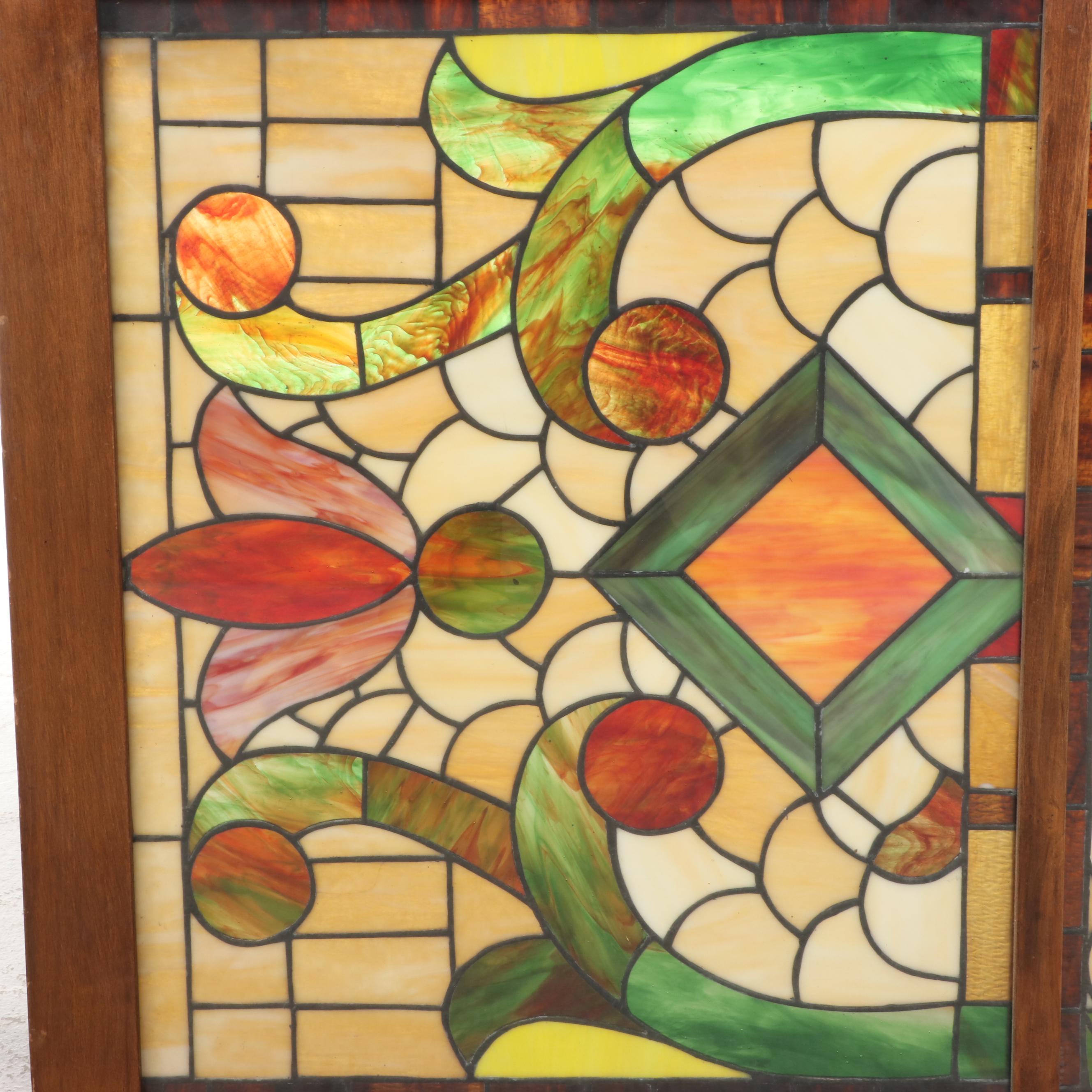 Three-Panel Floral Motif Stained Glass Window Panel in Wood Frame, 20th ...