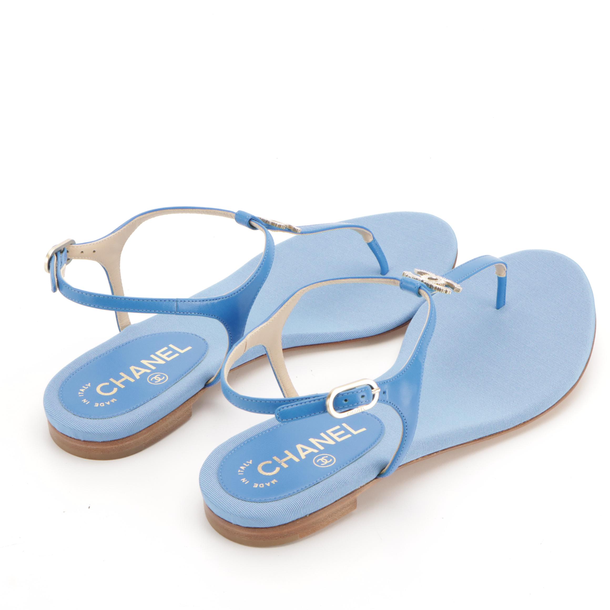 Chanel CC Azure Blue Shiny Kidskin Leather Ankle Strap Thong Sandals ...