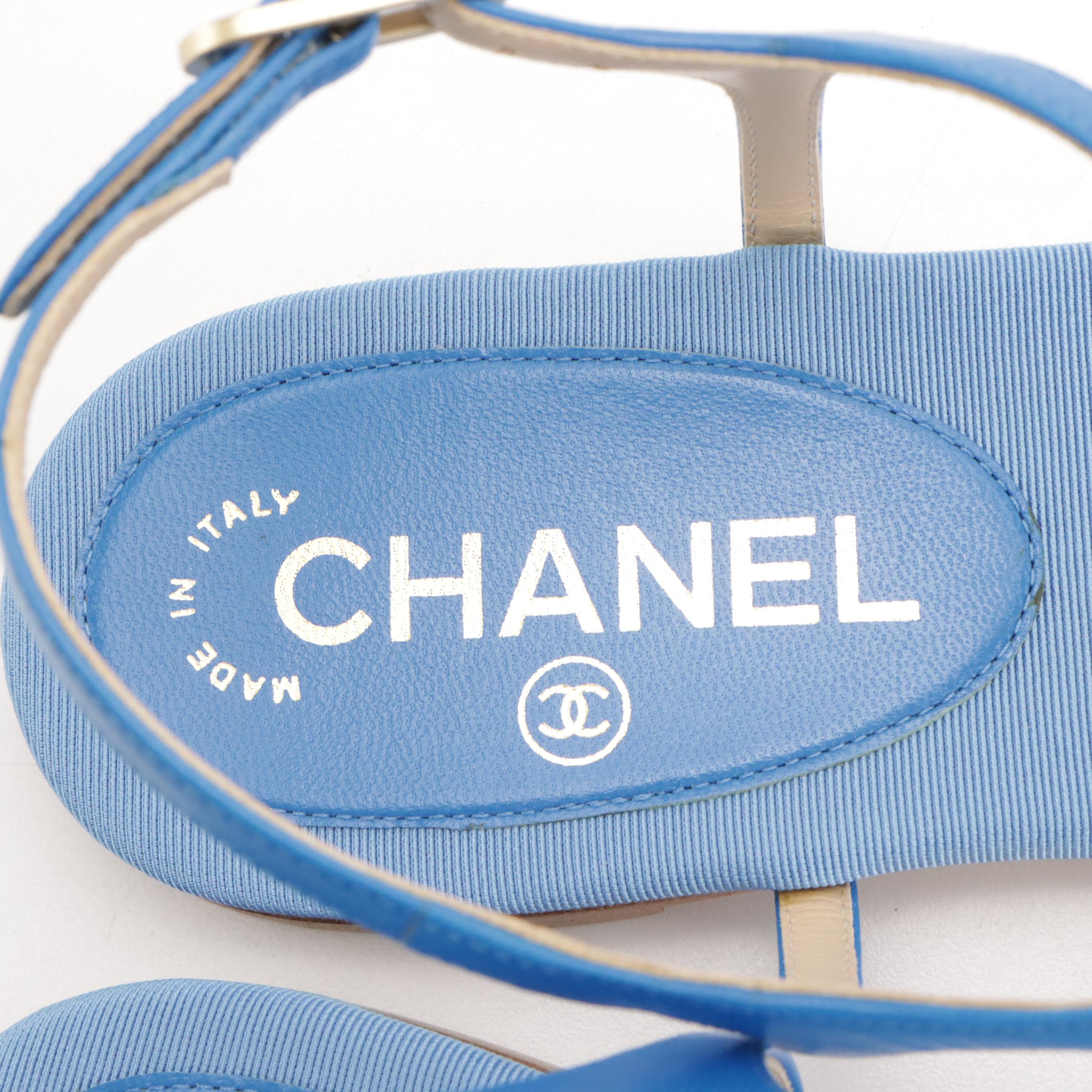 Chanel CC Azure Blue Shiny Kidskin Leather Ankle Strap Thong Sandals ...
