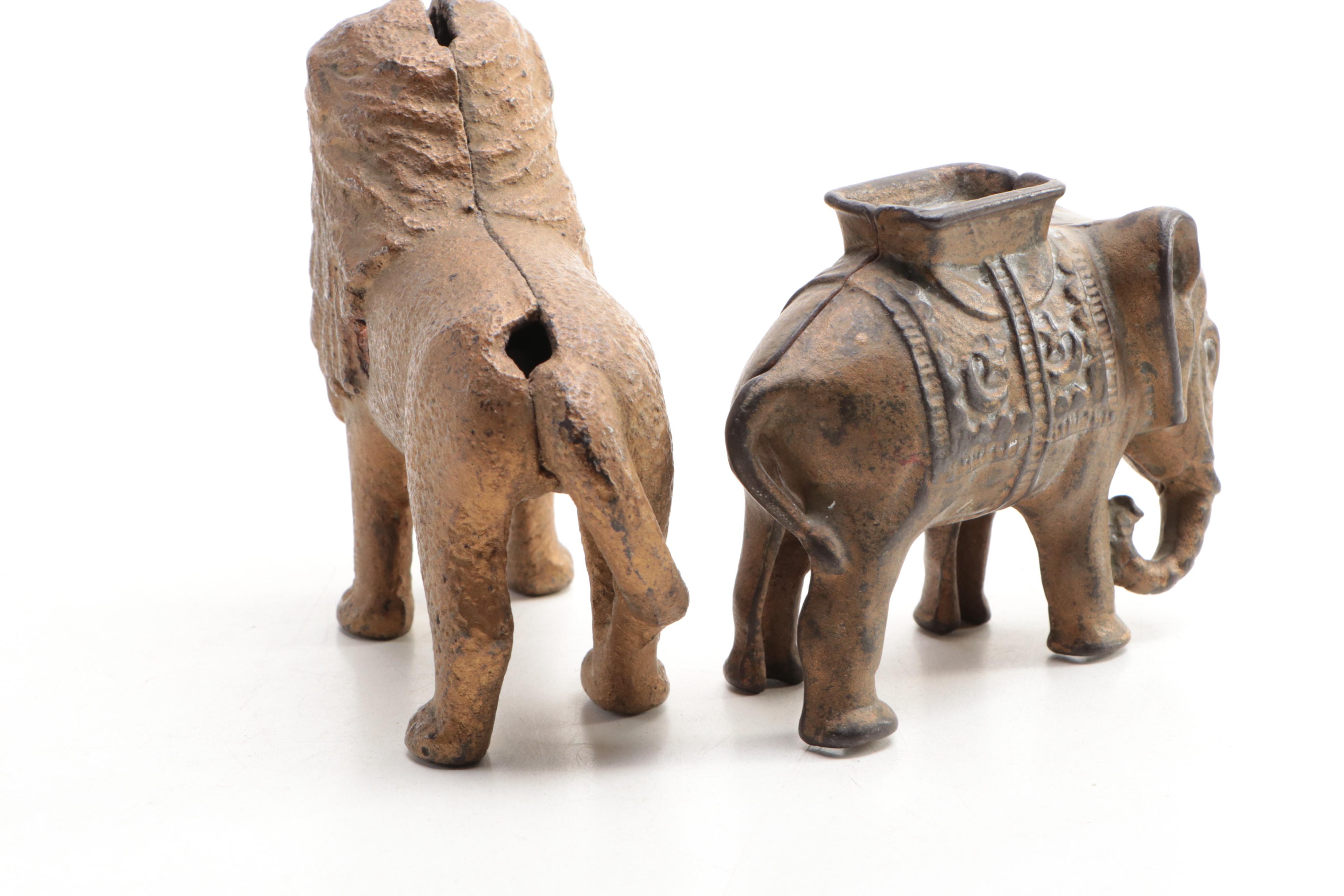 Cast Iron Elephant, Stag and Lion Novelty Coin Banks, Mid-20th Century ...