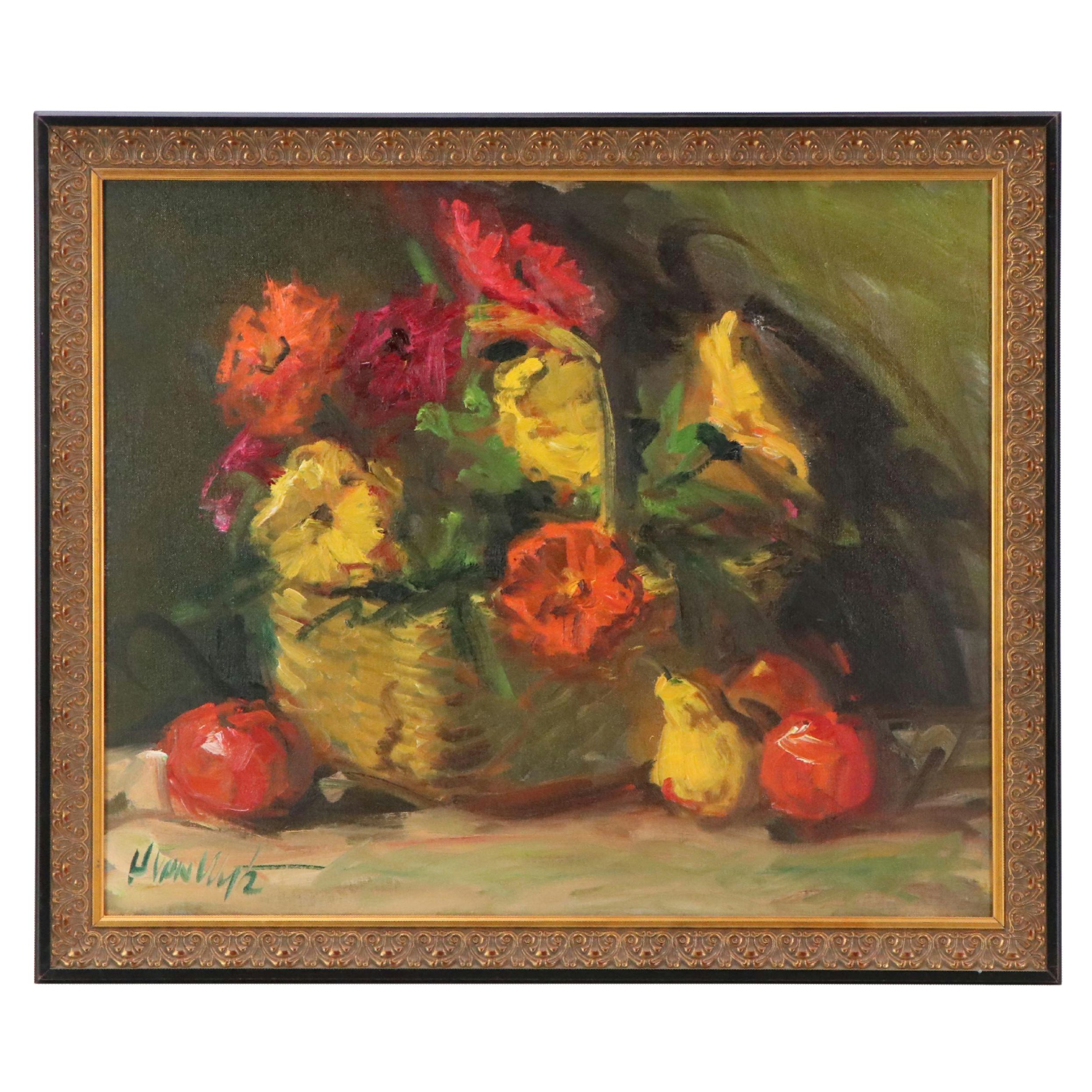Helen Van Wyk Floral Still Life Oil Painting With Fruit, Late 20th ...