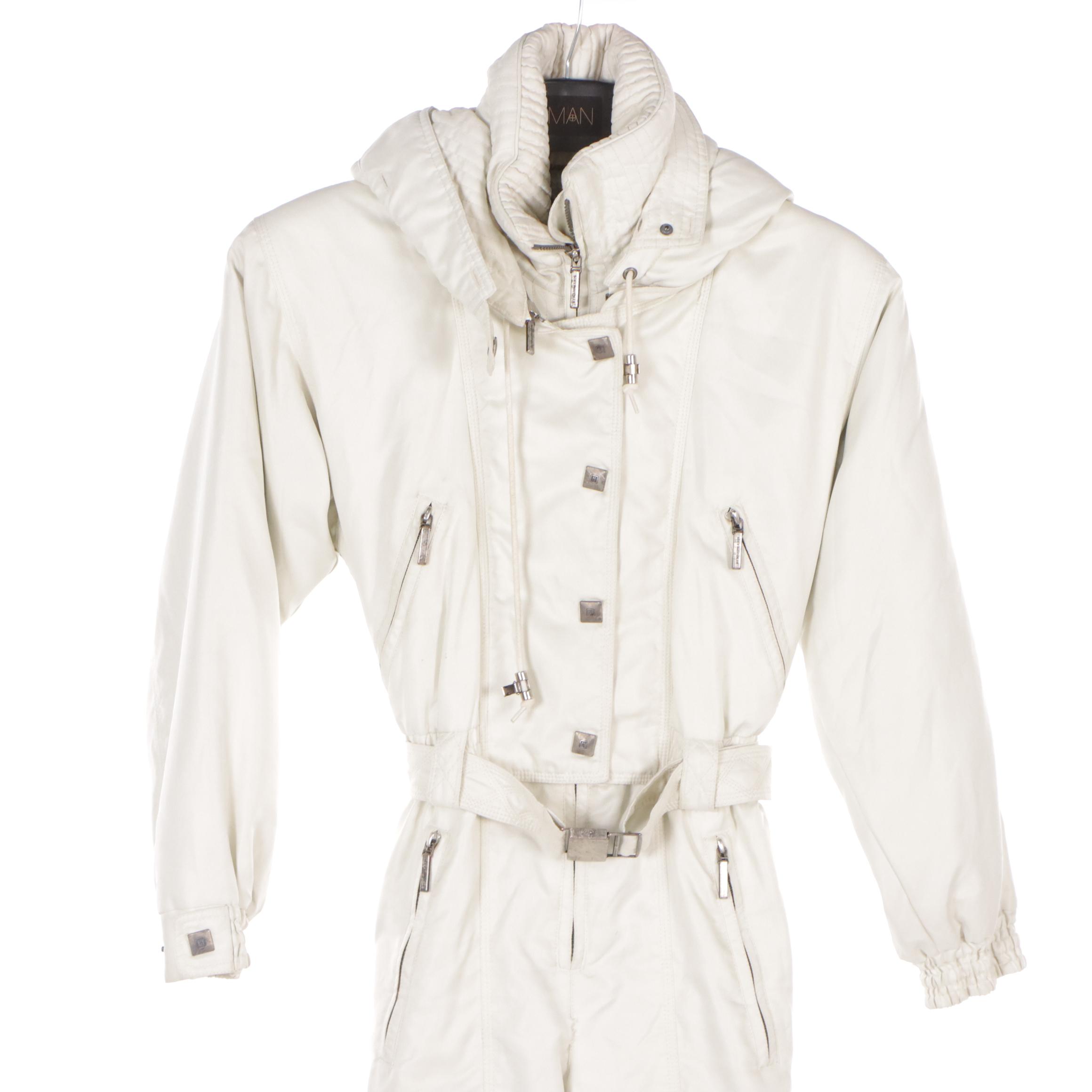 Kaelin and Metropolis One-Piece Ski Suits in Green and White Nylon and ...