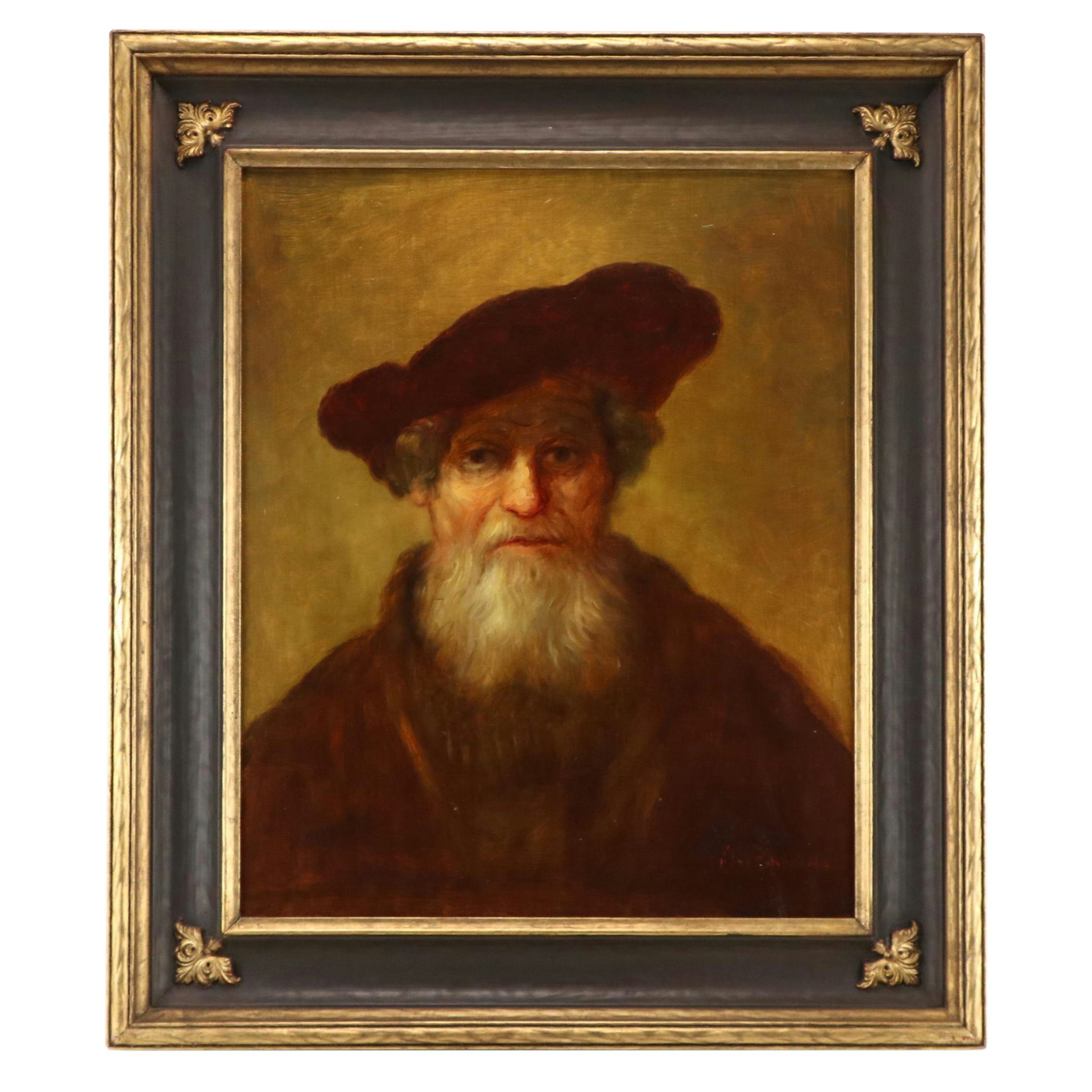 Franz Schoorman Oil Portrait of Old Man With Beard and Beret, Mid 20th ...