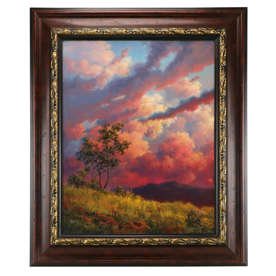 Sunset Landscape Oil Painting Featuring Tree | EBTH Sunset Landscape Oil Painting Featuring Tree | EBTH