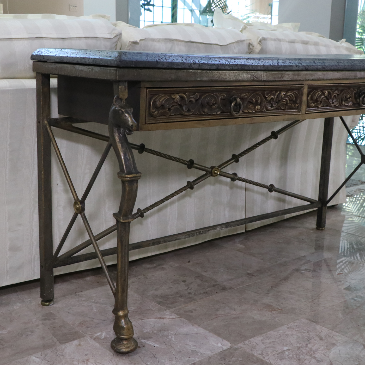 Neoclassical Style Composite Stone Top Metal and Wood Sofa Table | EBTH