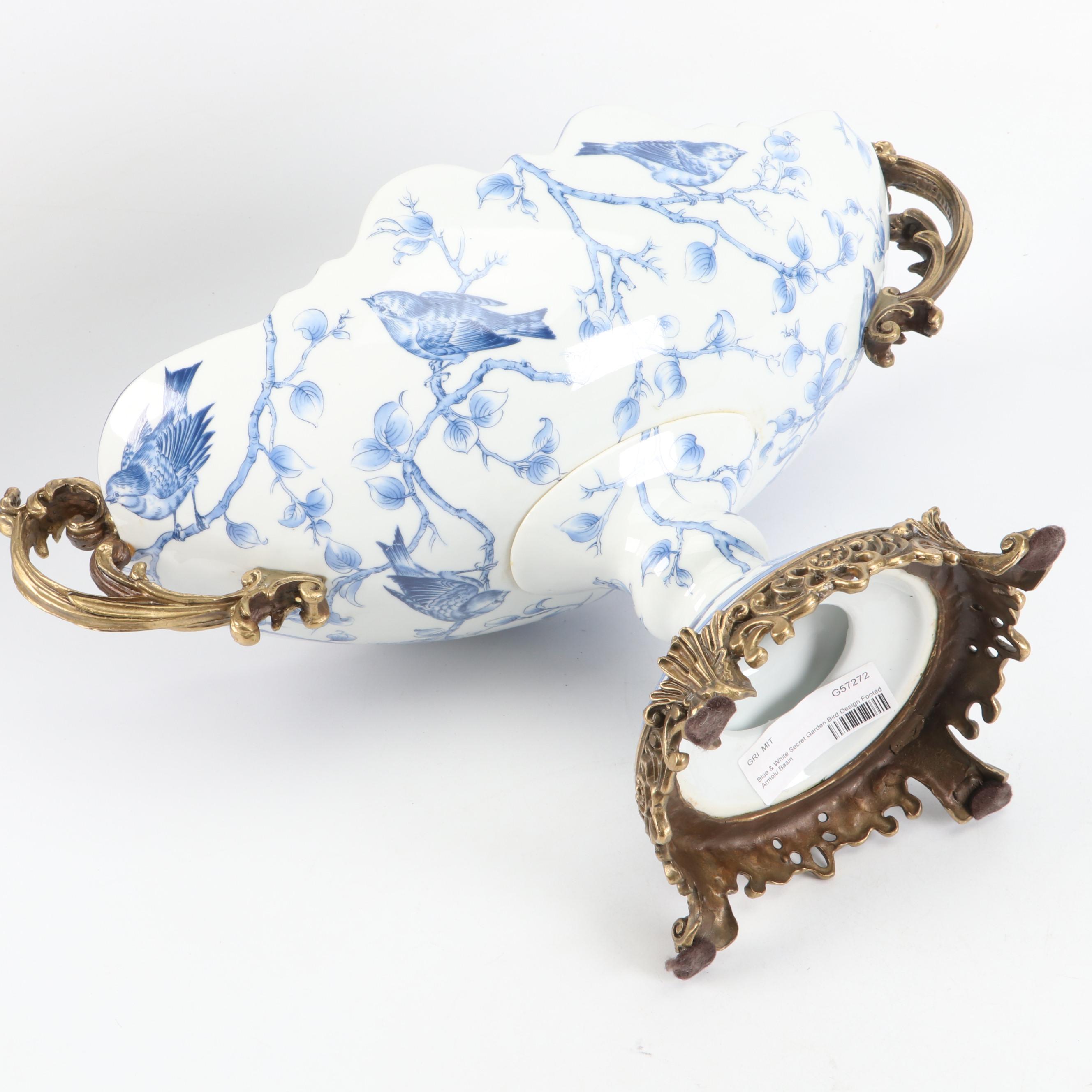 Amita Blue and White Bird Motif Porcelain Footed Bowls with Gilt Metal ...