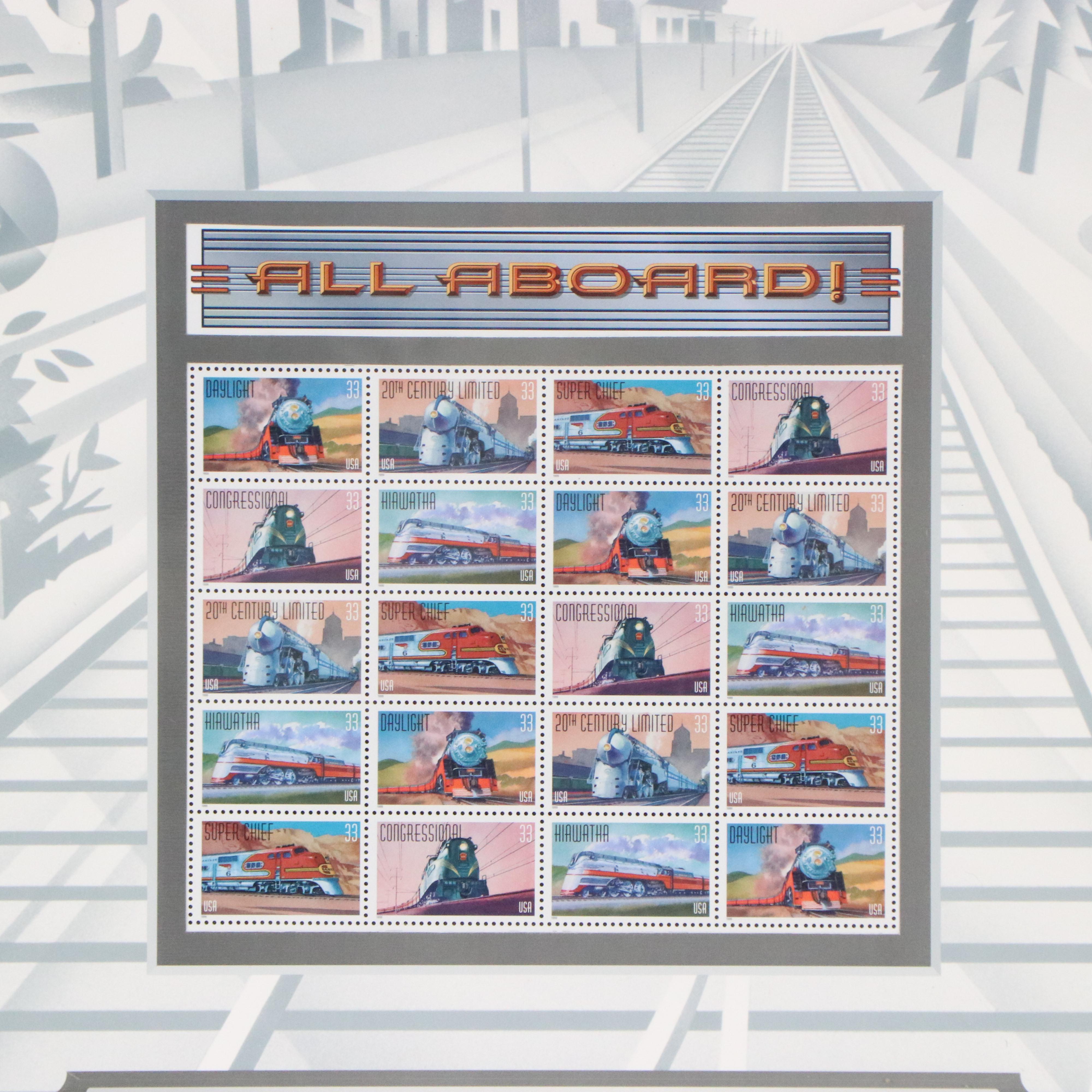 1993 "All Aboard" Train Stamp Sheet Presented in Thematic Frame | EBTH
