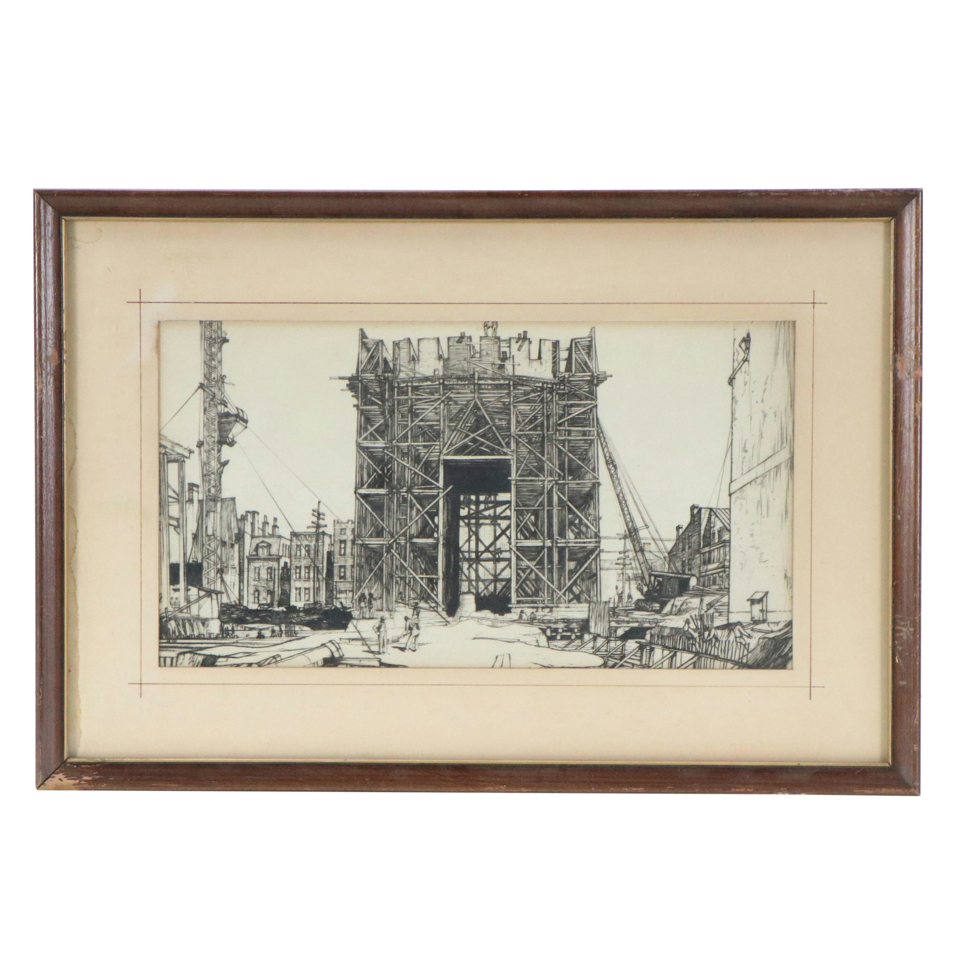 Etching Depicting the 19th Century Construction of Elsinor Tower in ...