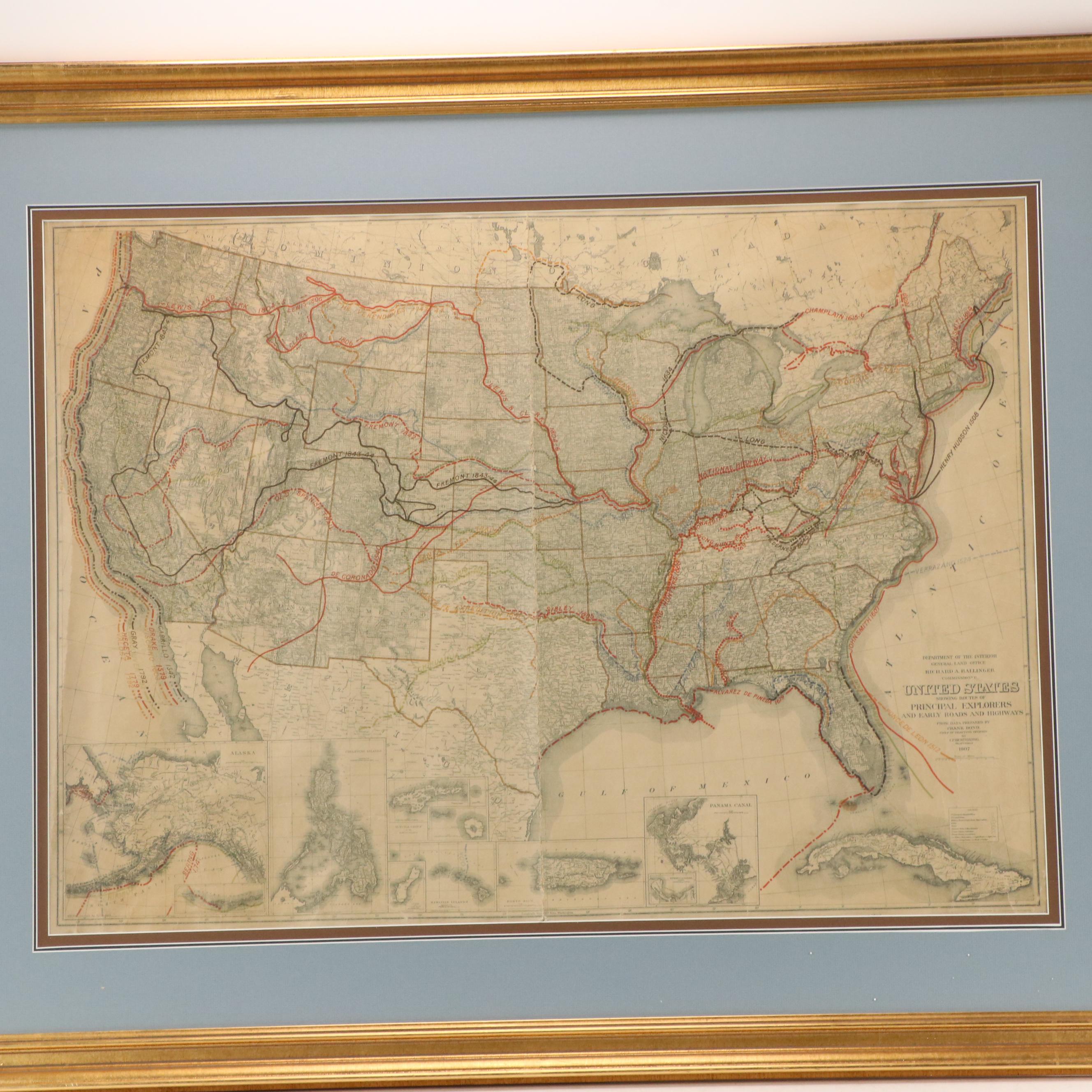 Lithograph Map of the United States Early Roads and Highways, 1908 | EBTH