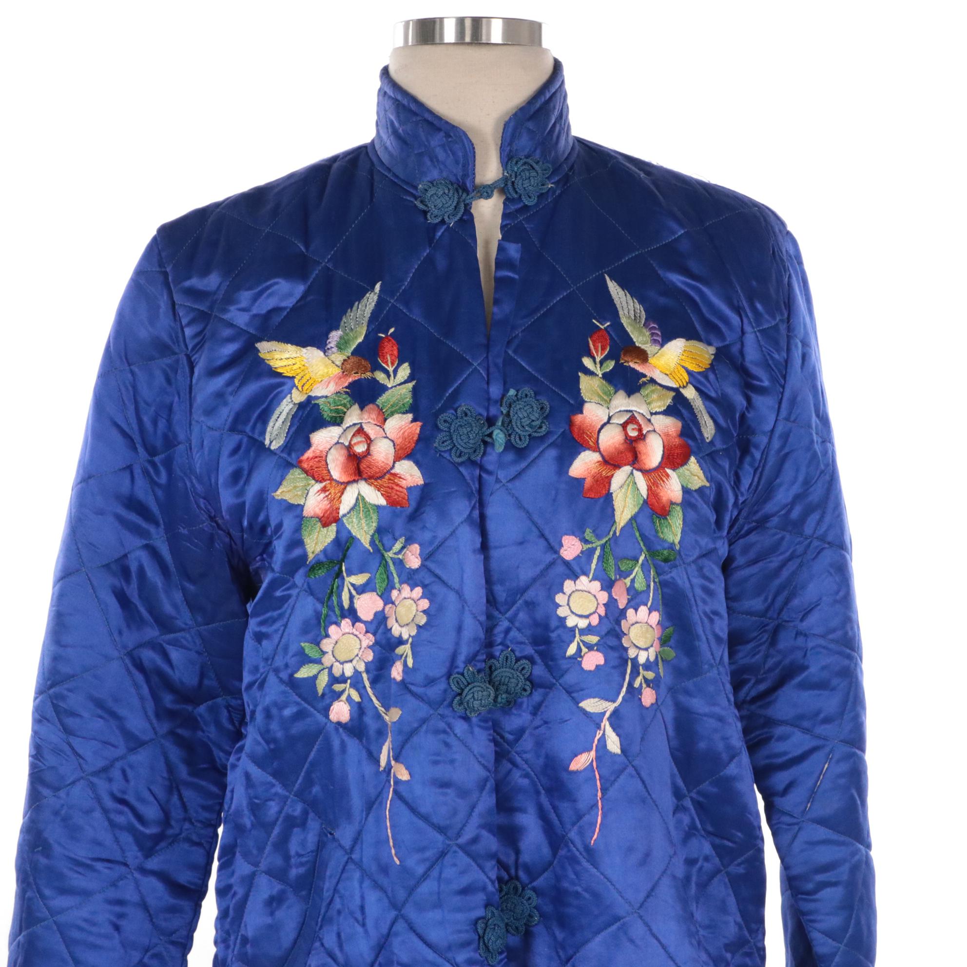 Chinese Inspired Floral and Bird Embroidered Quilted Satin Jacket | EBTH