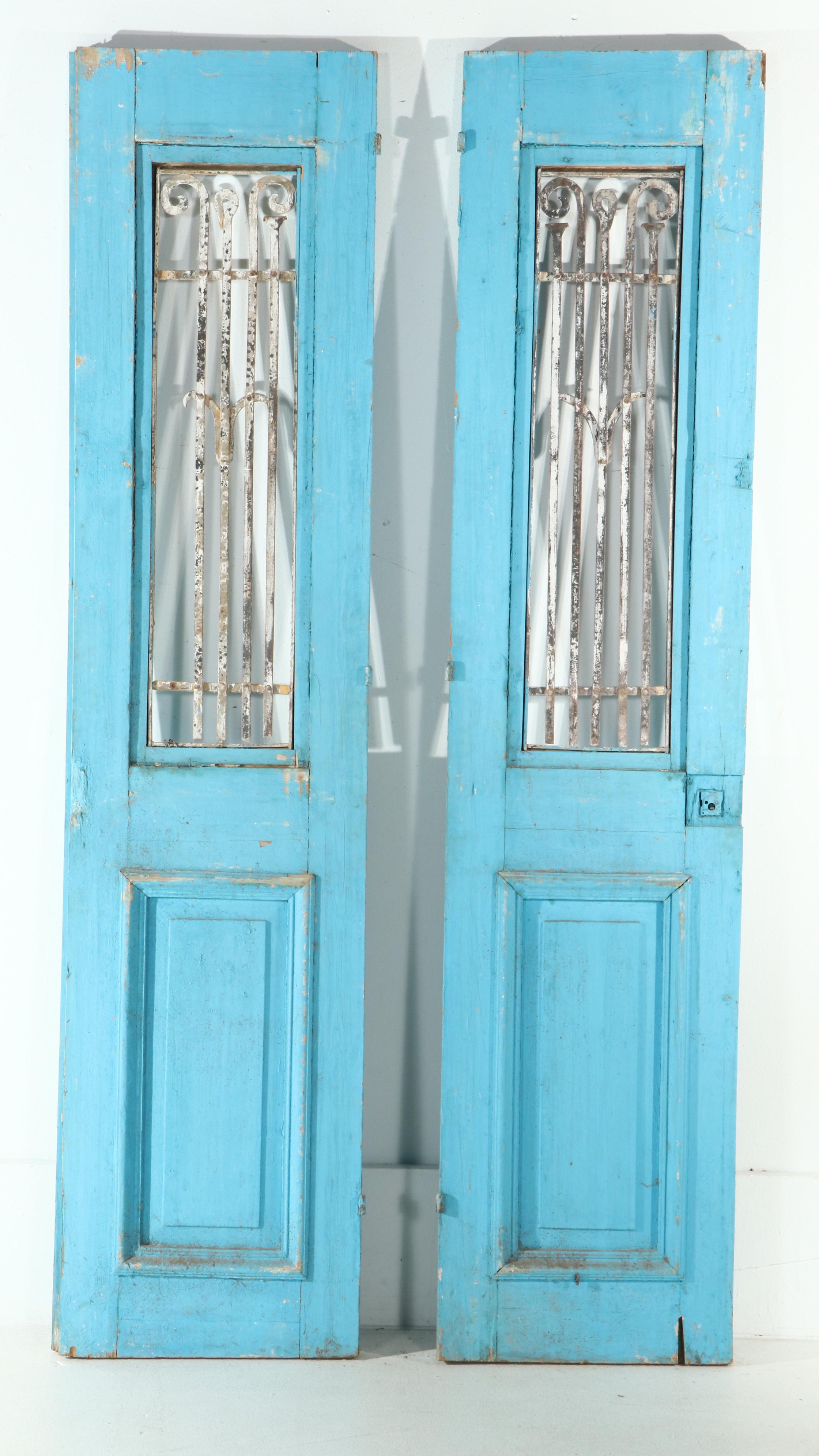 Indian Turquoise Painted Wood and Cast Iron Garden Gate Panels | EBTH