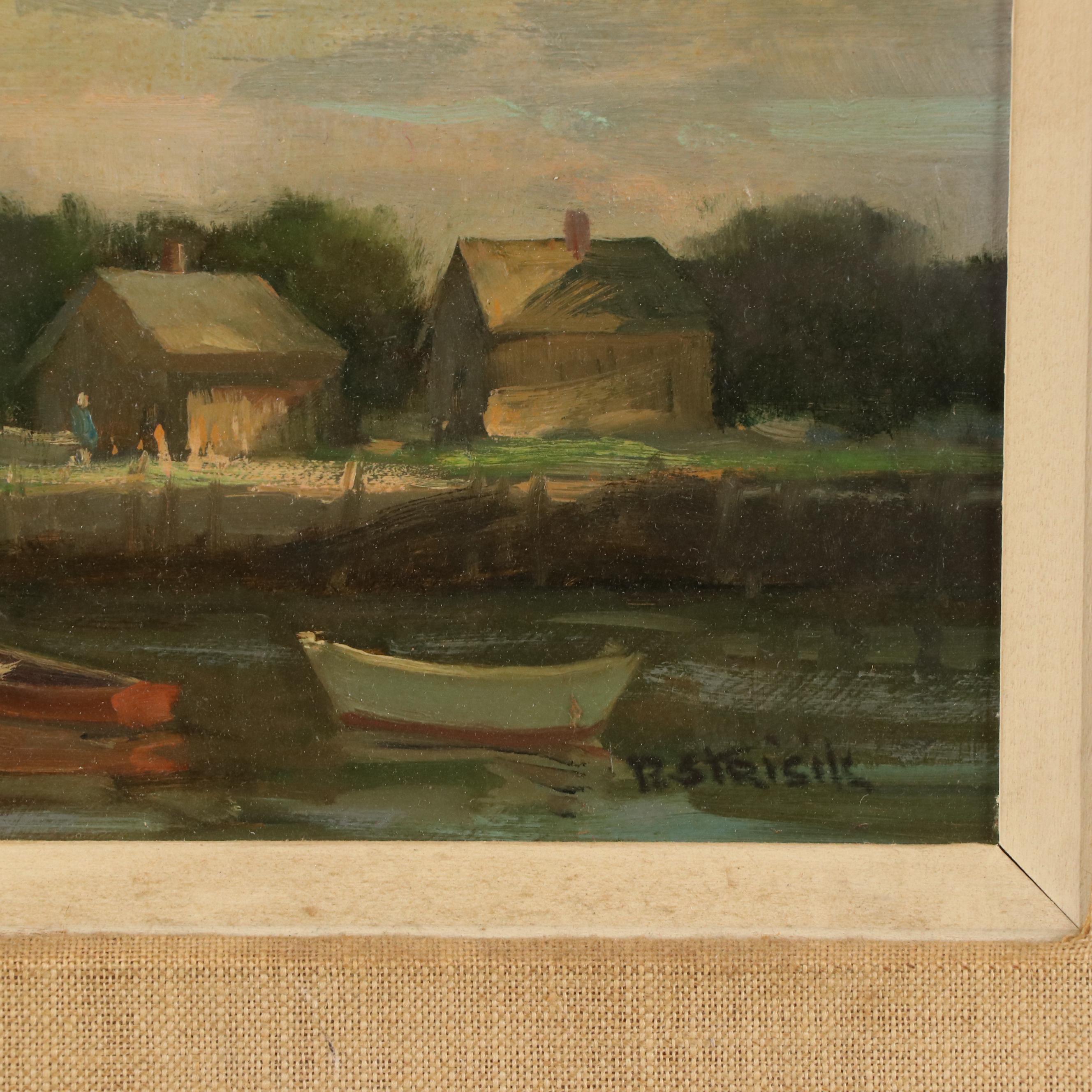 Paul Strisik Oil Painting of Cloudy Harbor Landscape, 20th Century ...