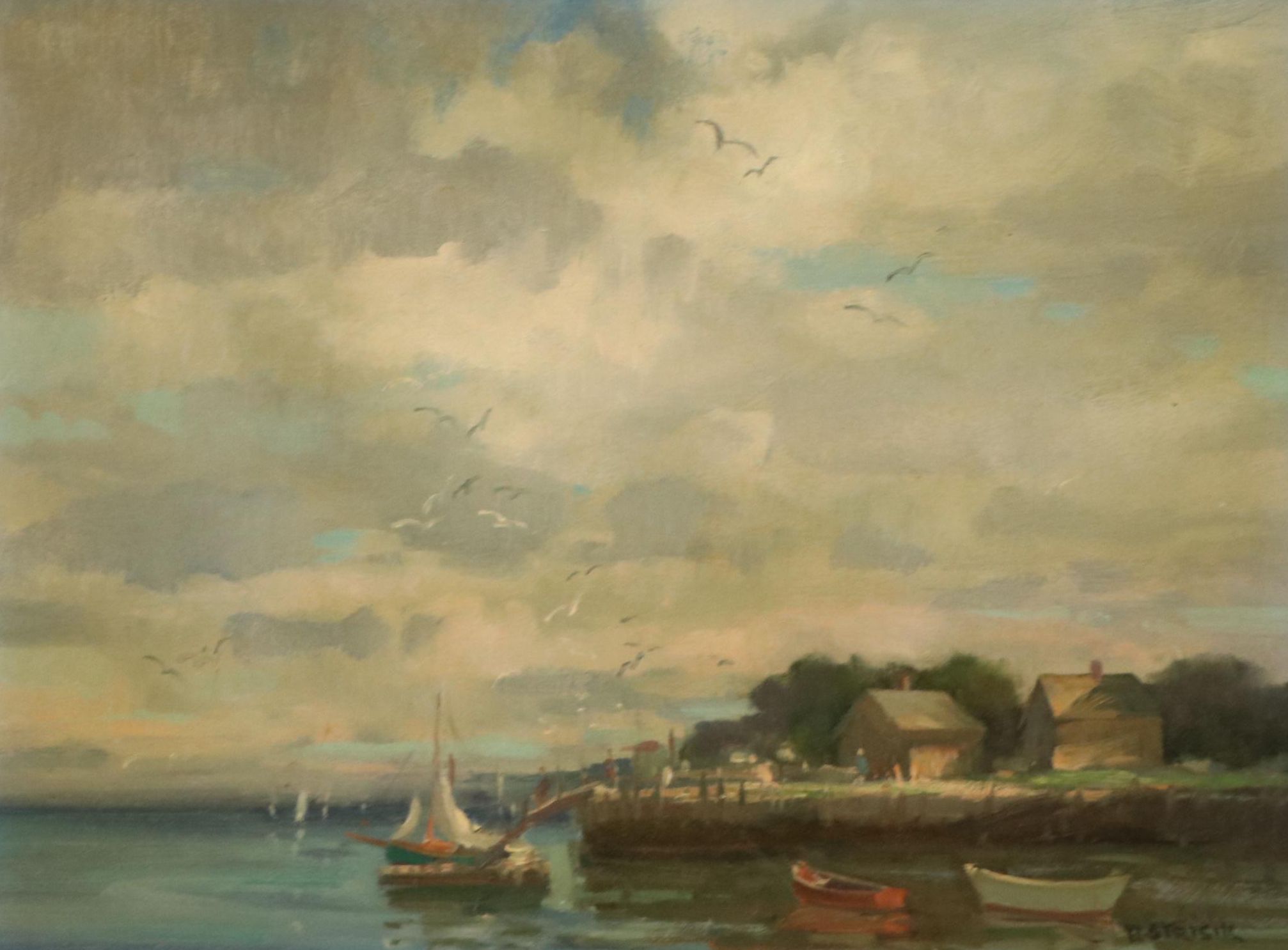 Paul Strisik Oil Painting of Cloudy Harbor Landscape, 20th Century ...