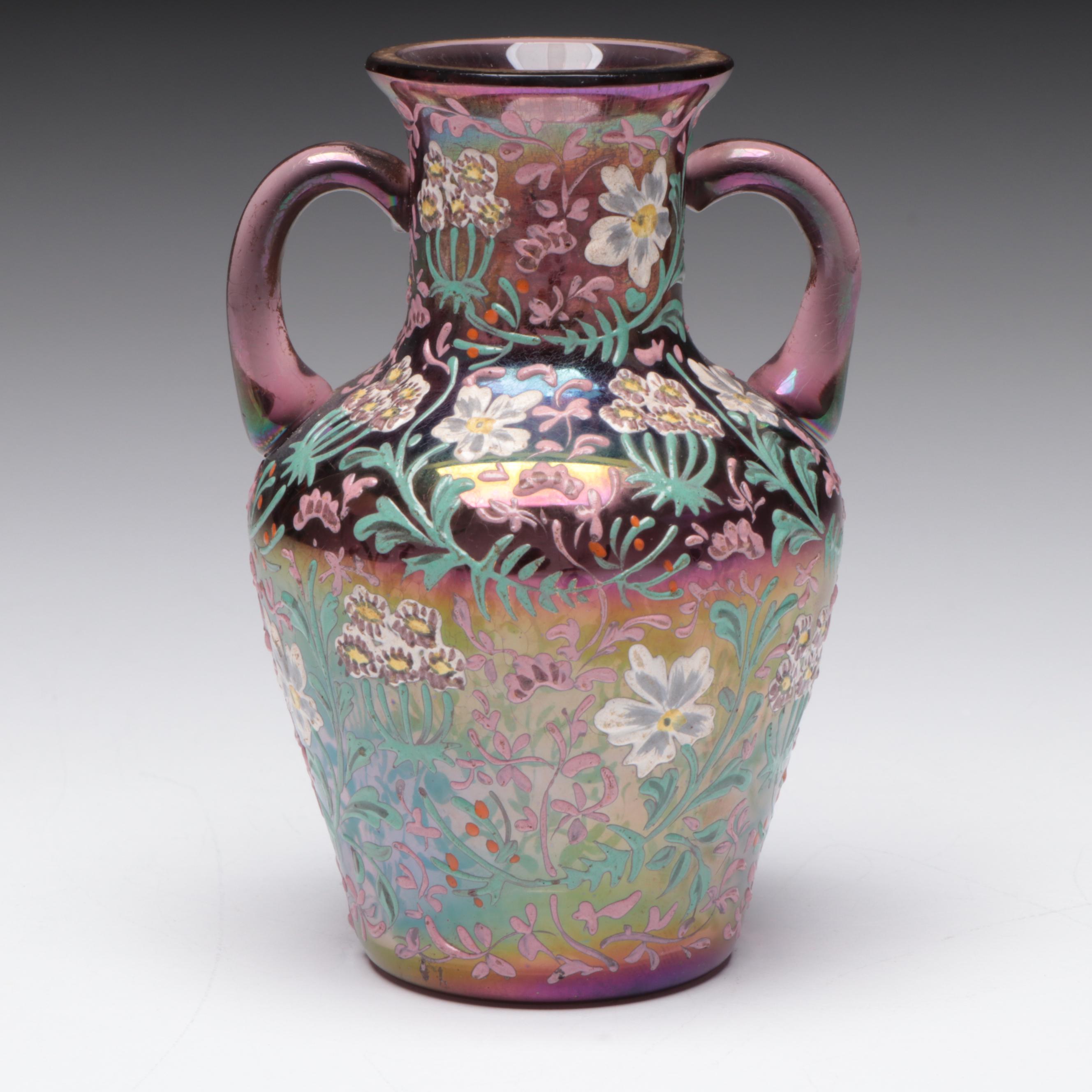 Bohemian Style Hand-Painted Enameled Iridescent Art Glass Vase ...