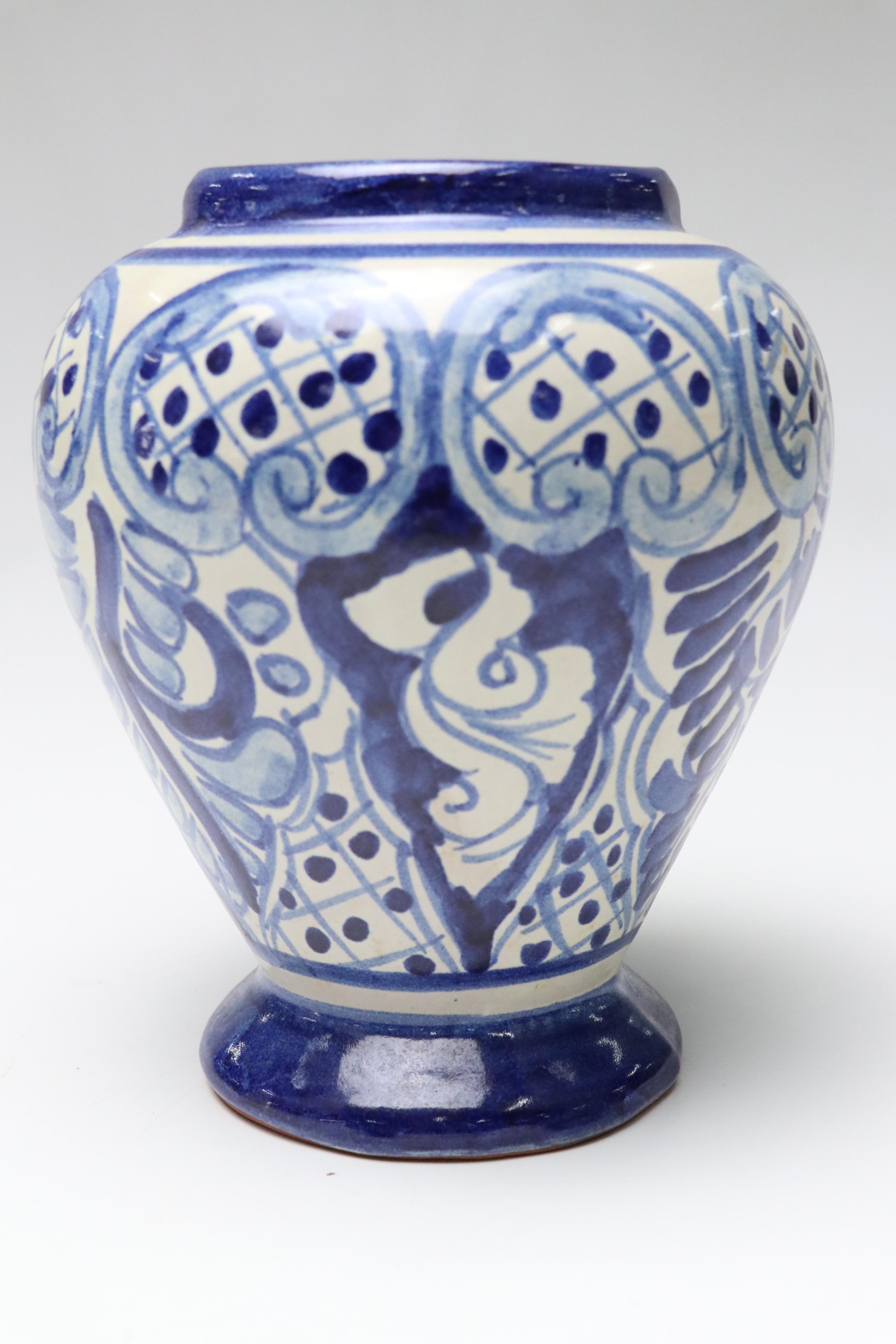 Signed Talavera Mexican Glazed Terracotta Vase with Wood Corbel Shelf ...