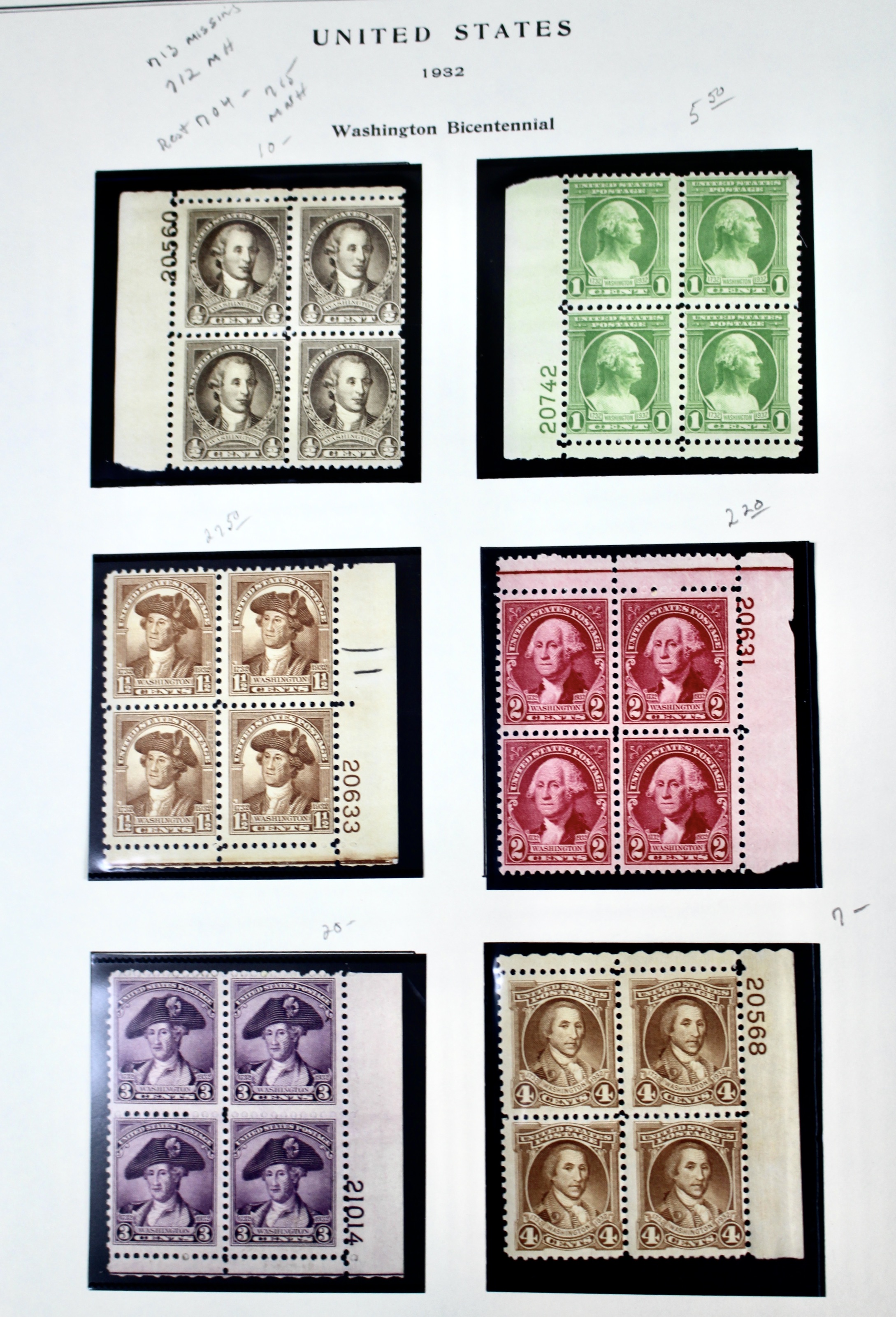 1932 Washington Bicentennial Postage Stamp Plate Block Set, Mint ...